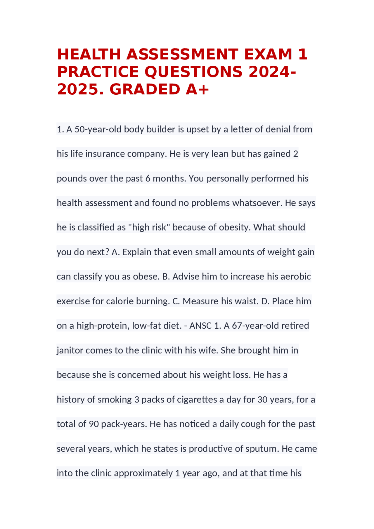 HEALTH ASSESSMENT EXAM 1 PRACTICE QUESTIONS 2024-2025. GRADED A+ ...