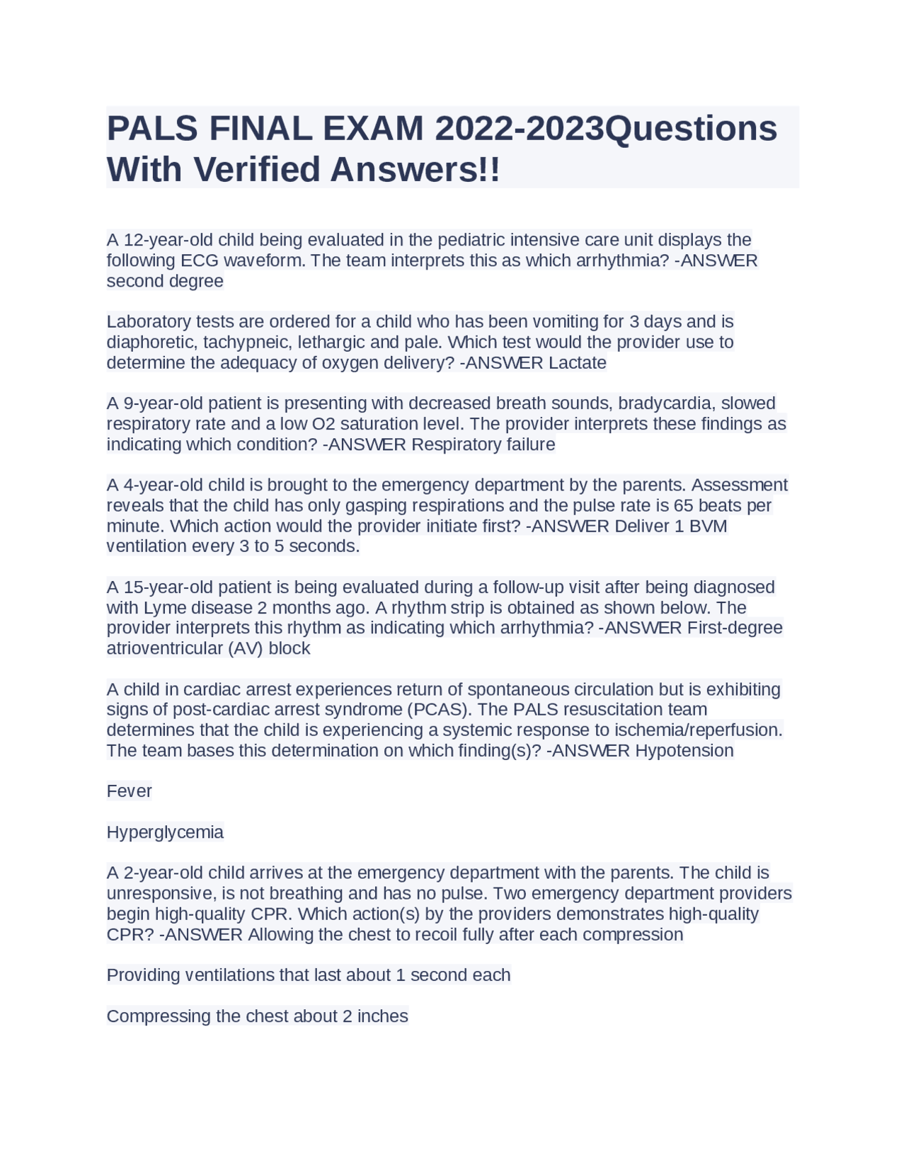 PALS FINAL EXAM 2022-2023Questions With Verified Answers!! | Exams Nursing | Docsity