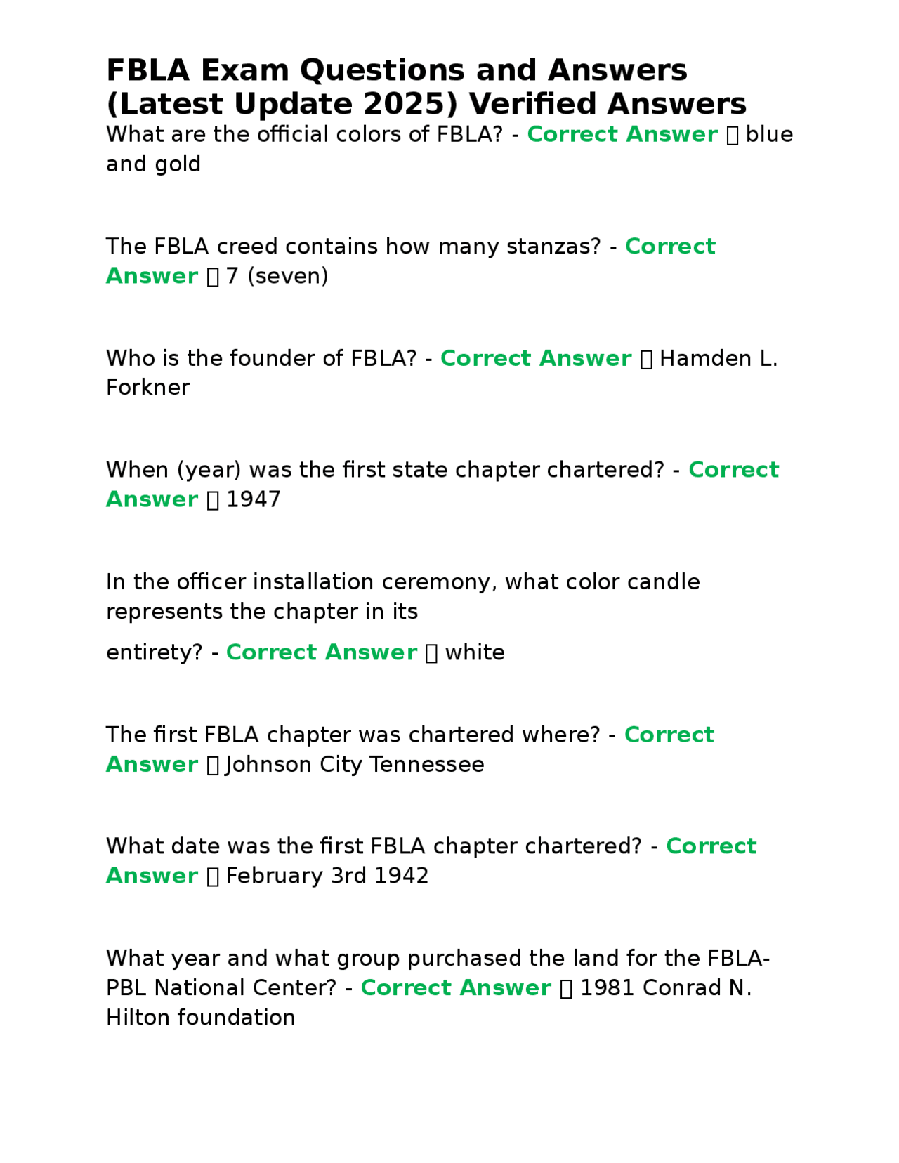 FBLA Exam Questions and Answers | Exams Nursing | Docsity