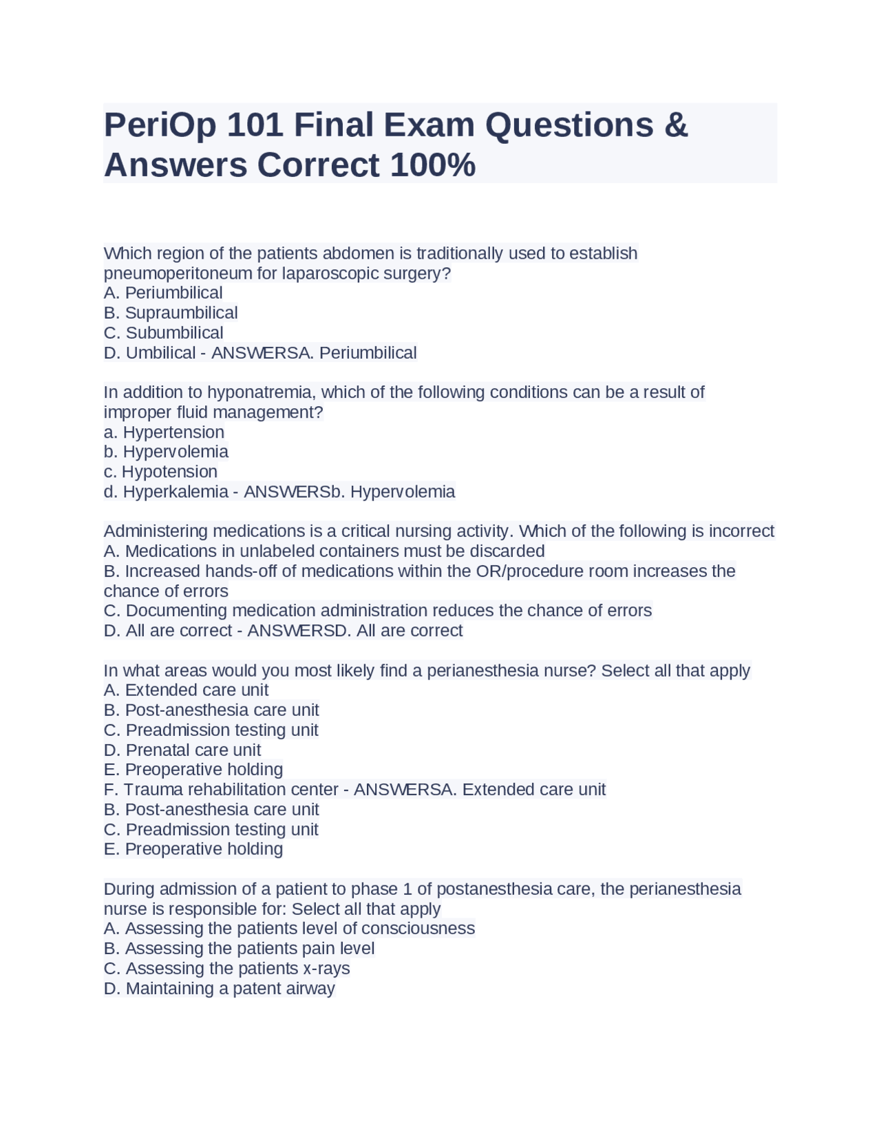 Perioperative Nursing Practices and Procedures | Exams Nursing | Docsity