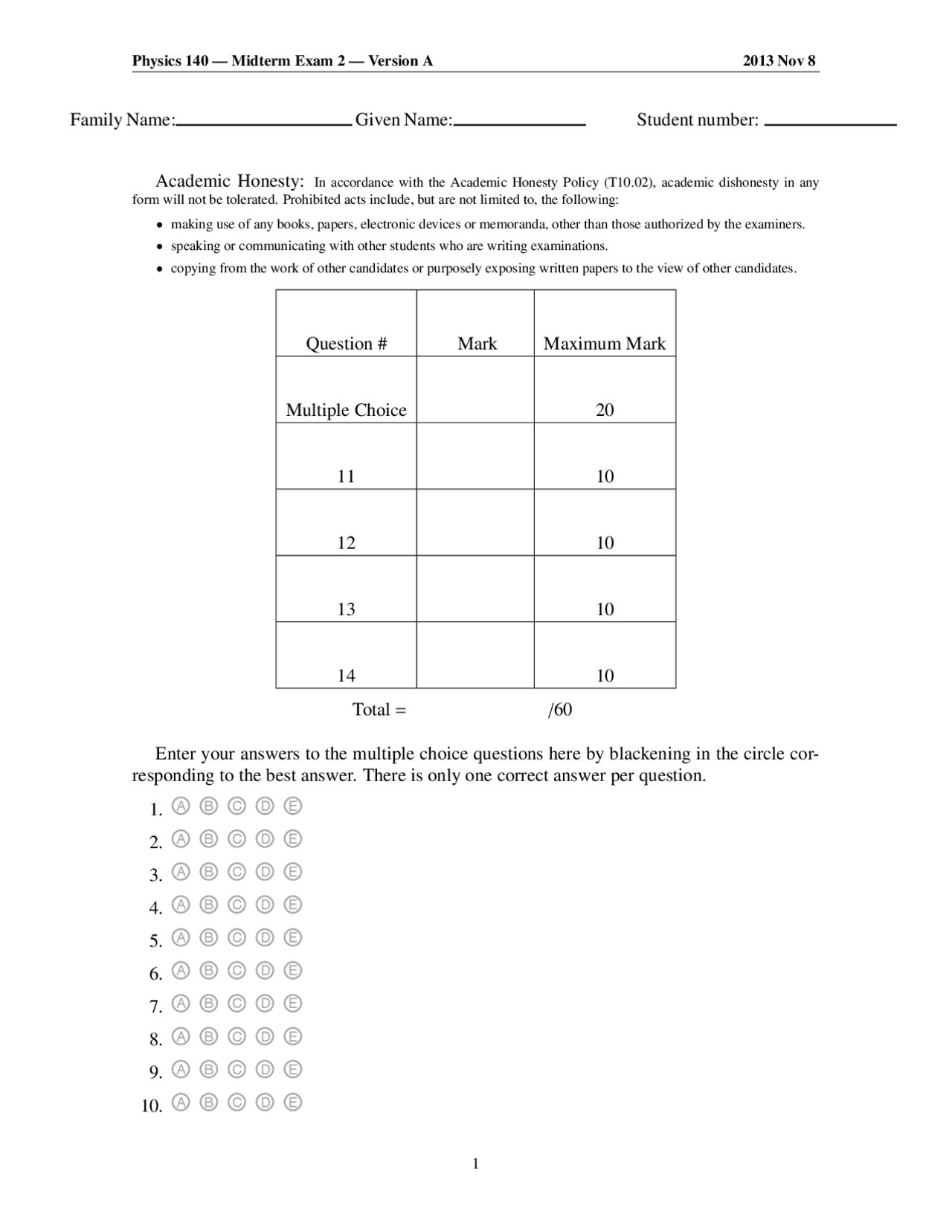 Physics 140 Midterm Exam 2: Mechanics and Energy | Quizzes Physics | Docsity