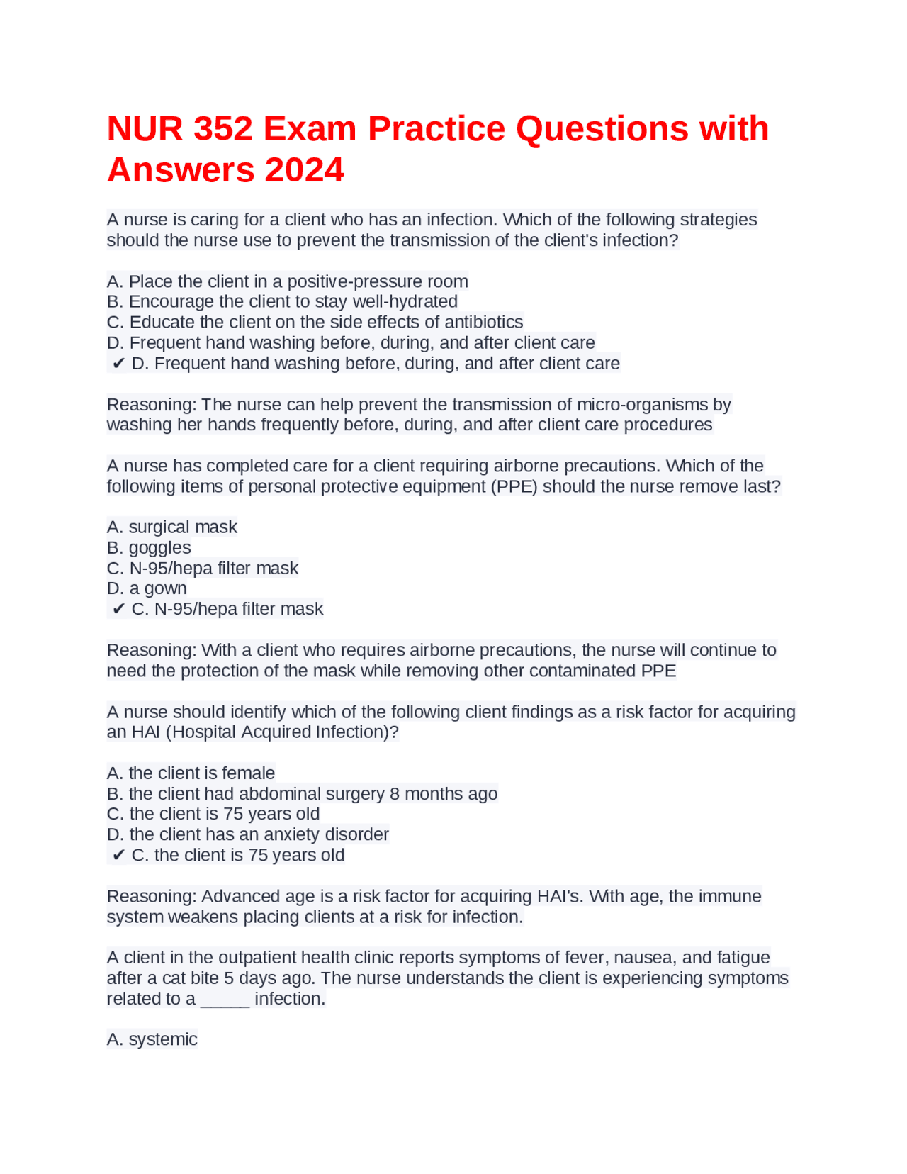 NUR 352 Exam Practice Questions with Answers 2024 | Exams Psychology | Docsity