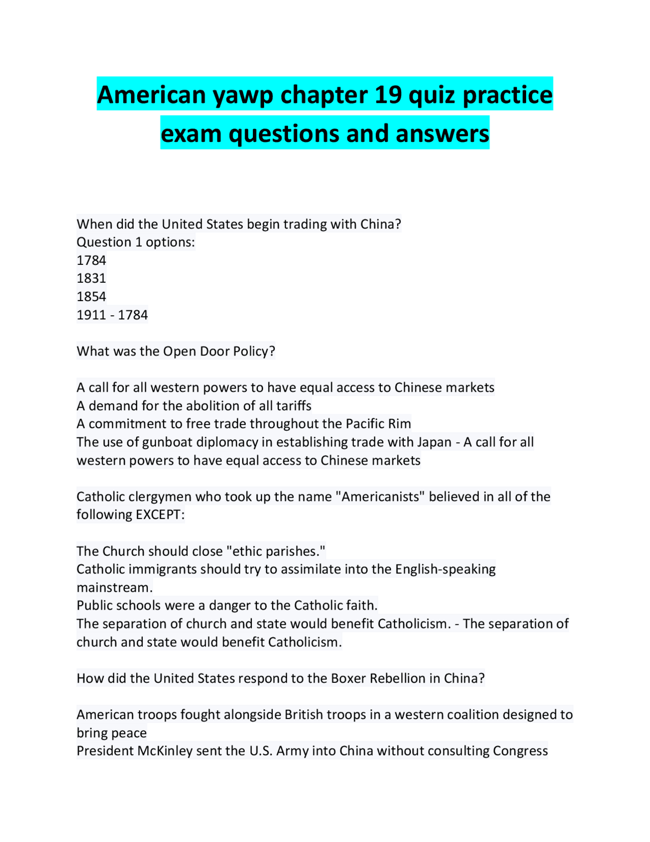 American Yawp Chapter 19 Quiz Practice | Exams Advanced Education | Docsity