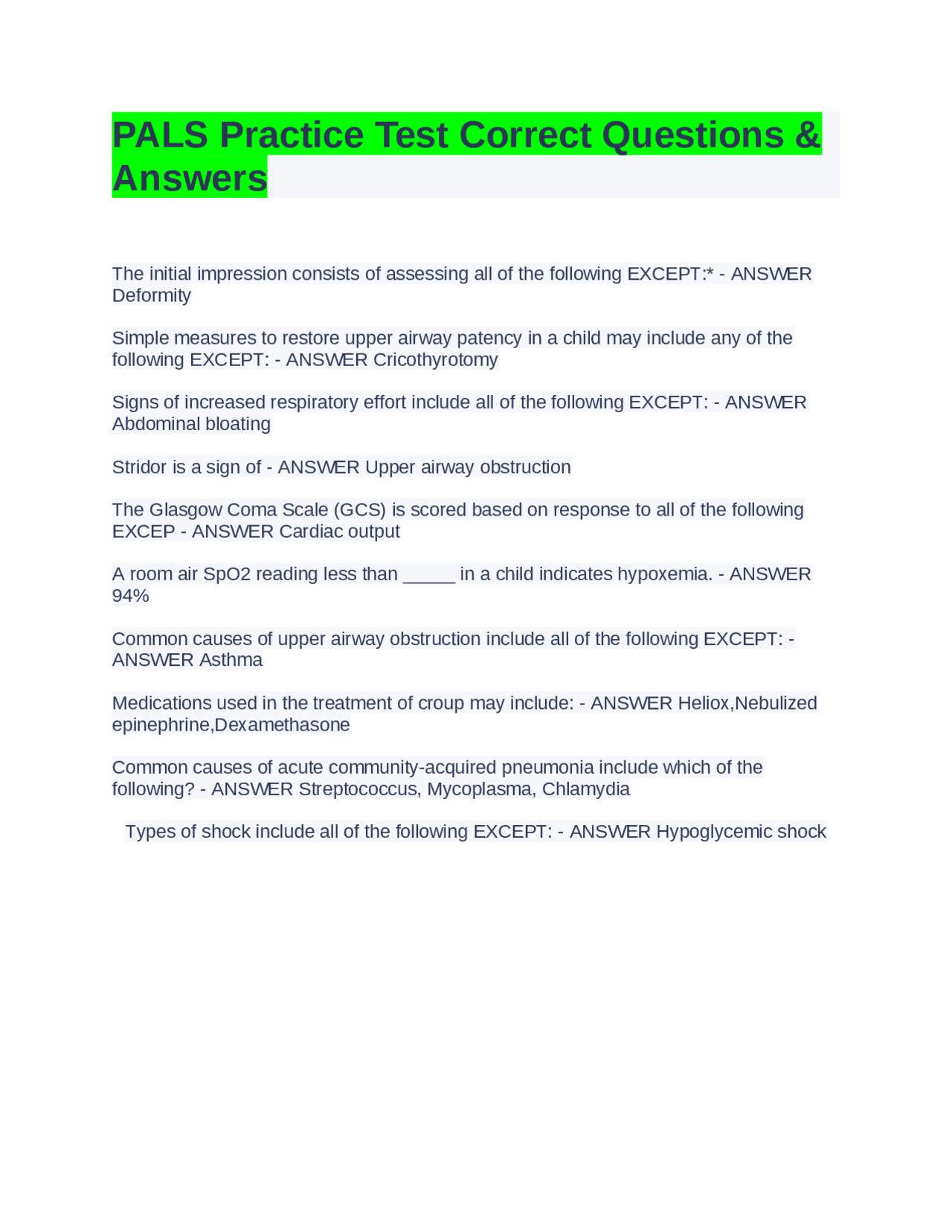 PALS Practice Test Correct Questions & Answers | Exams Nursing | Docsity