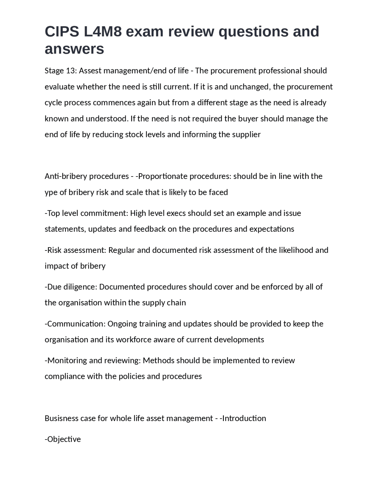 CIPS L4M8 exam review questions and answers | Exams Nursing | Docsity