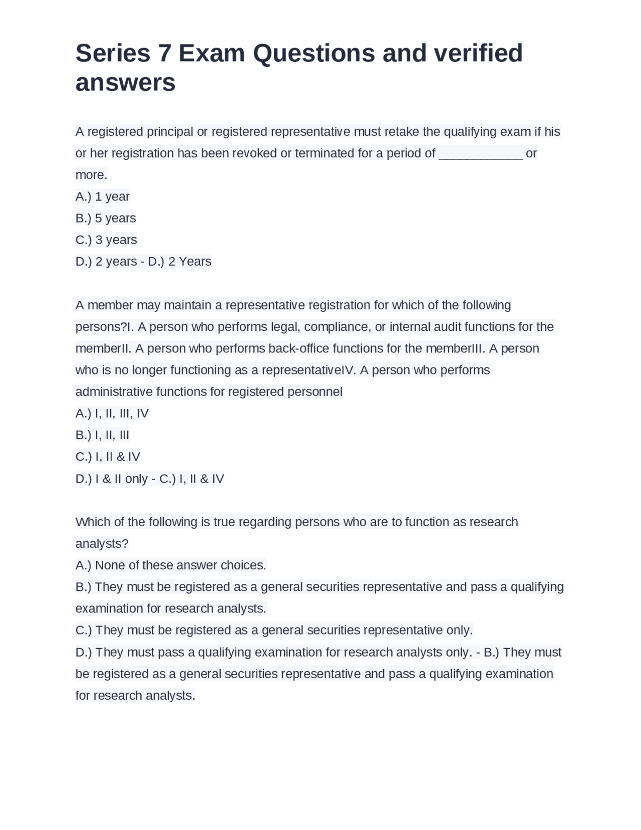 Series 7 Exam Questions and Verified Answers | Exercises Nursing | Docsity