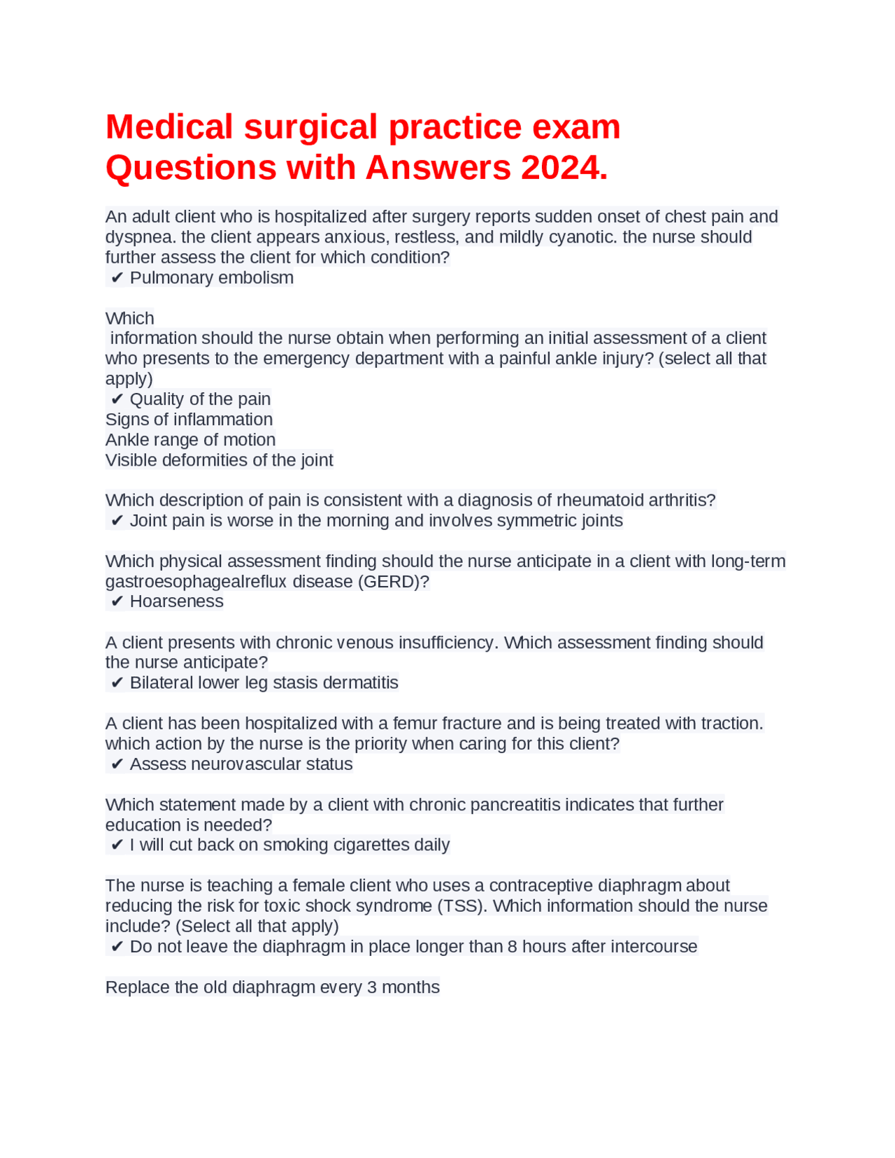 Medical surgical practice exam Questions with Answers 2024. | Exams ...