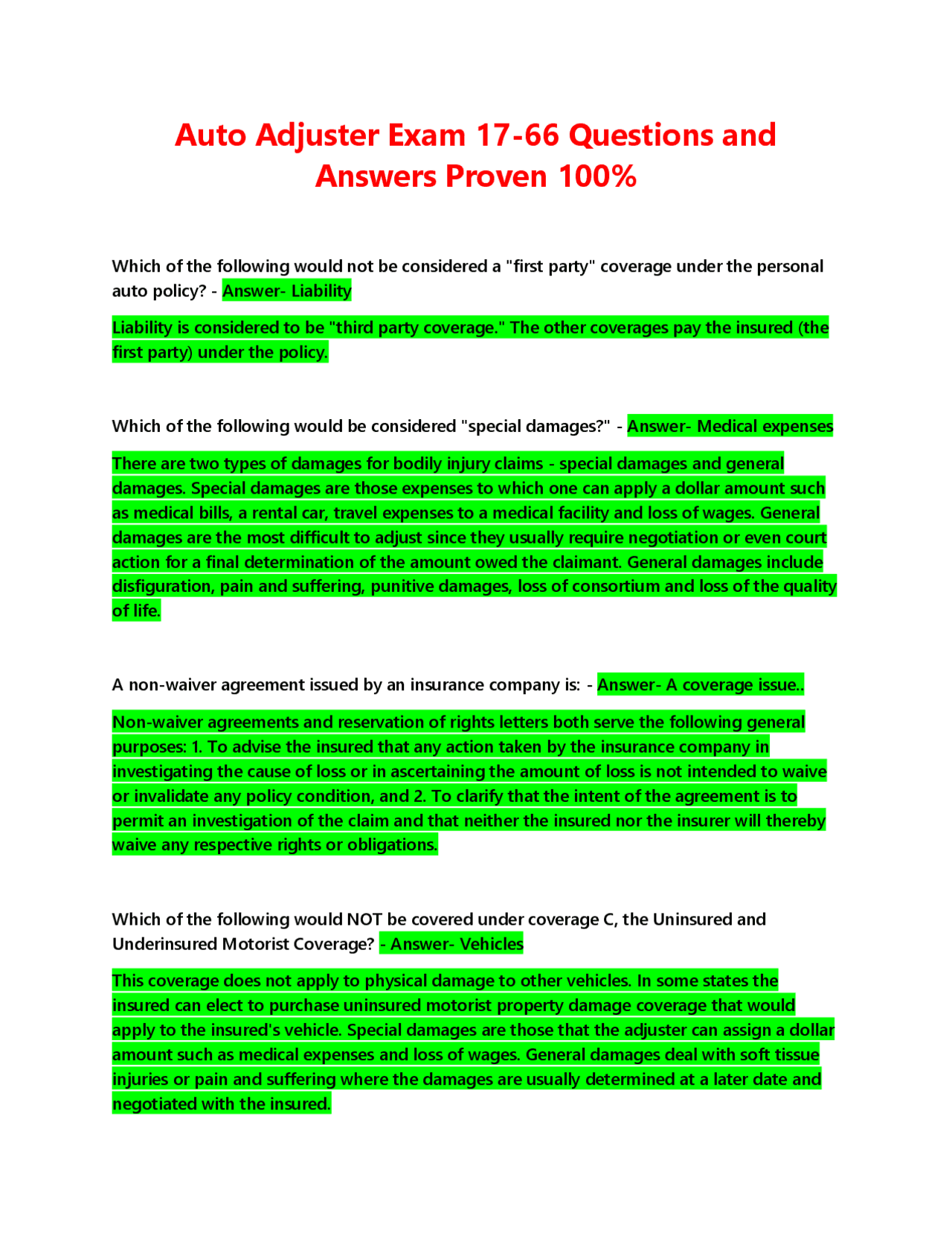 Auto Adjuster Exam 17-66 Questions and Answers Proven 100% | Exams ...