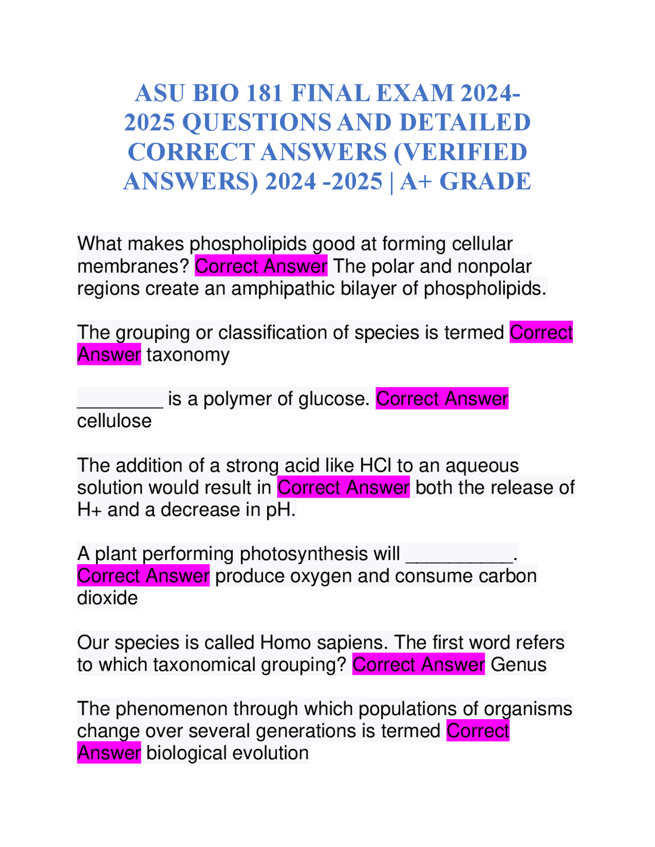 ASU BIO 181 FINAL EXAM 2024- 2025 QUESTIONS AND DETAILED CORRECT ANSWERS VERIFIED ANSWERS ...