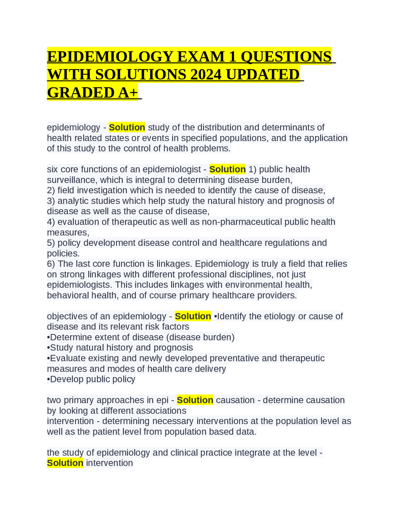 EPIDEMIOLOGY EXAM 1 QUESTIONS WITH SOLUTIONS 2024 UPDATED GRADED A+ ...