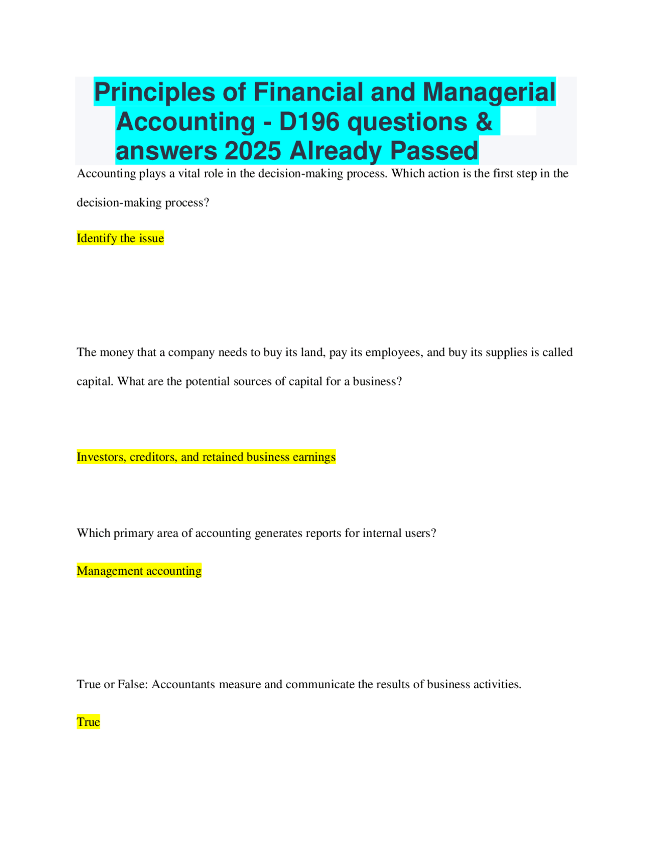 Principles of Financial and Managerial Accounting - D196 questions ...