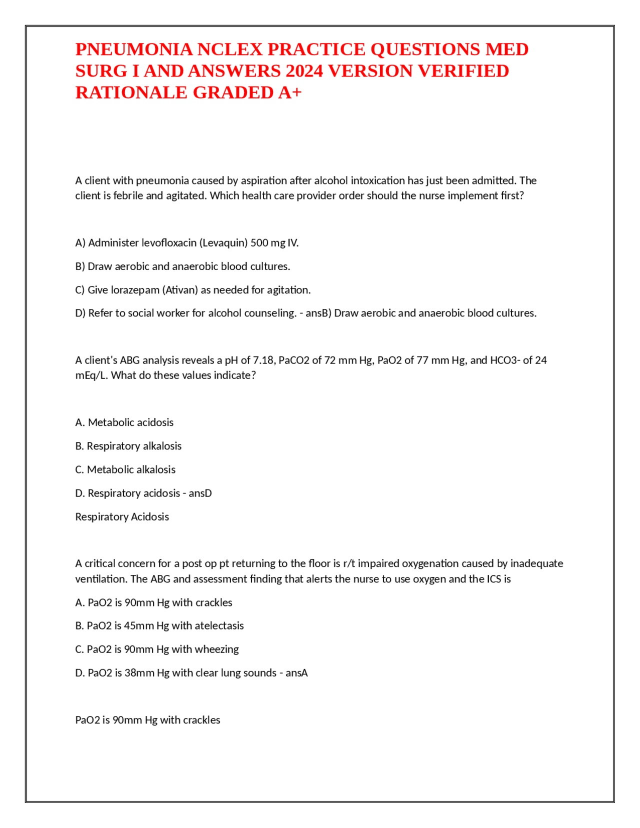 PNEUMONIA NCLEX PRACTICE QUESTIONS MED SURG I AND ANSWERS 2024 VERSION ...