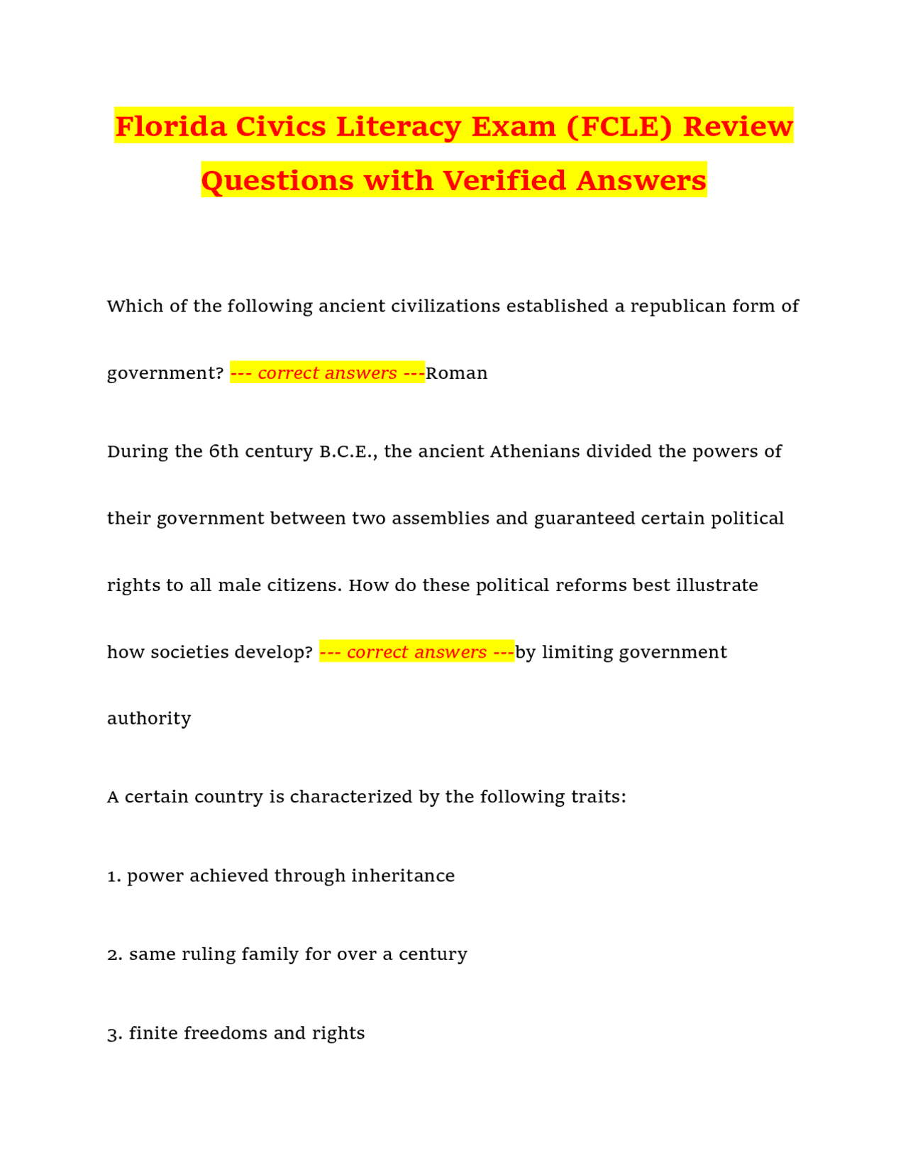 Florida Civics Literacy Exam (FCLE) Review Questions with Verified ...