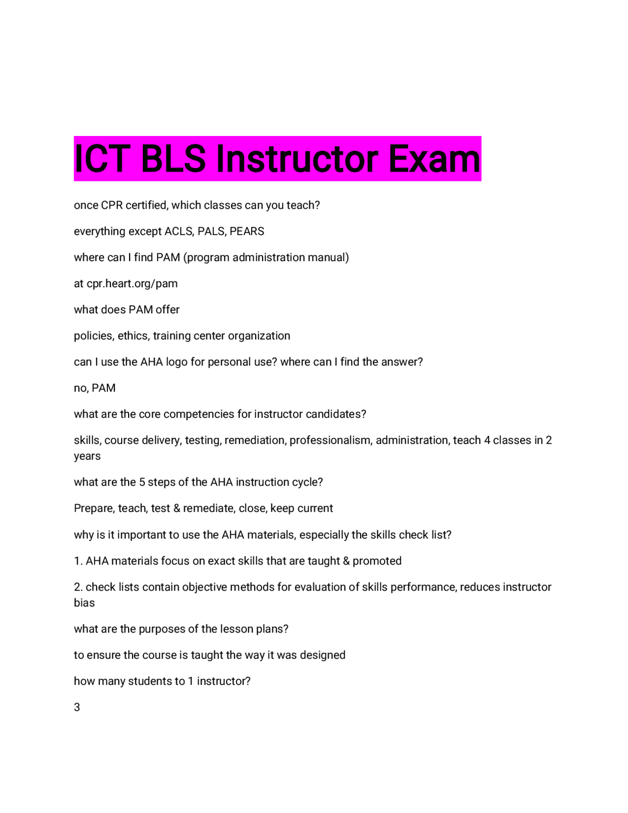 AHA BLS Instructor Exam Preparation | Exams Nursing | Docsity