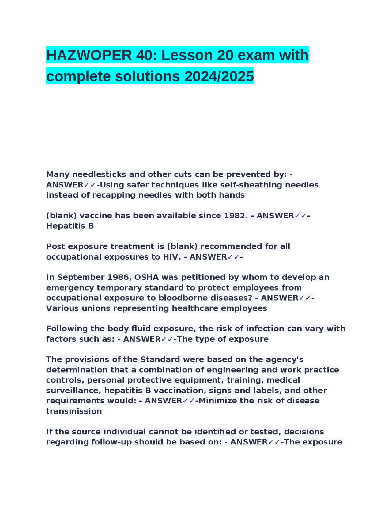 HAZWOPER 40: Lesson 20 Exam with Complete Solutions | Exams Waste ...