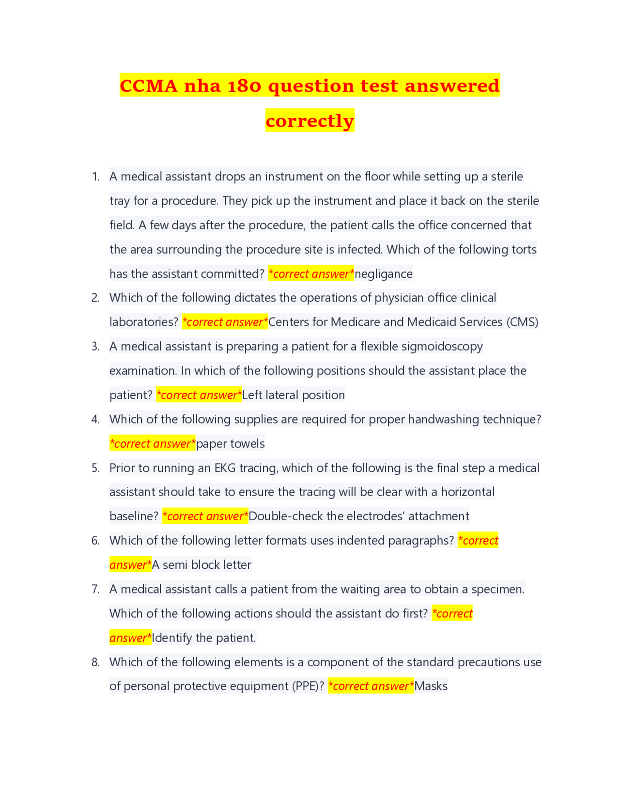 CCMA nha 180 question test answered correctly | Exams Medicine | Docsity