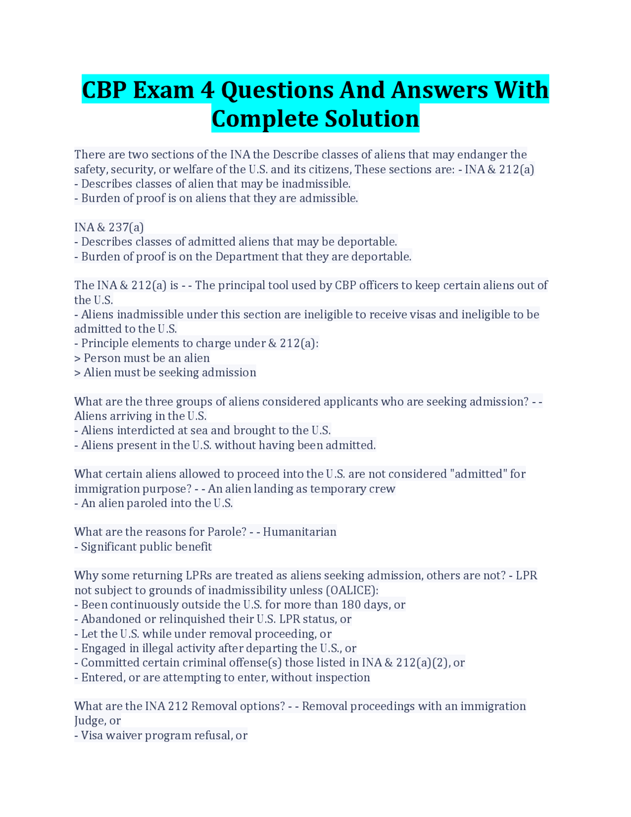 CBP Exam 4 Questions And Answers With Complete Solution | Exams ...