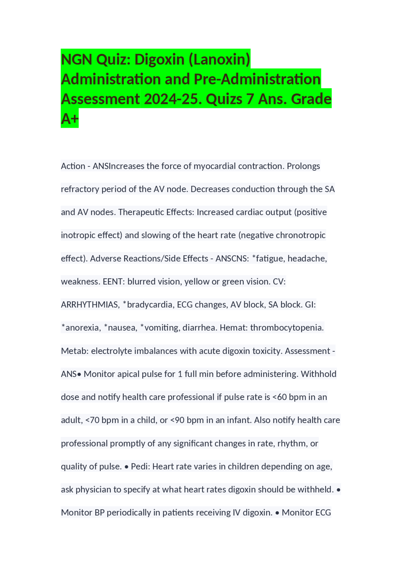 Digoxin: Therapeutic Effects, Precautions, and Dosage | Exams Nursing ...