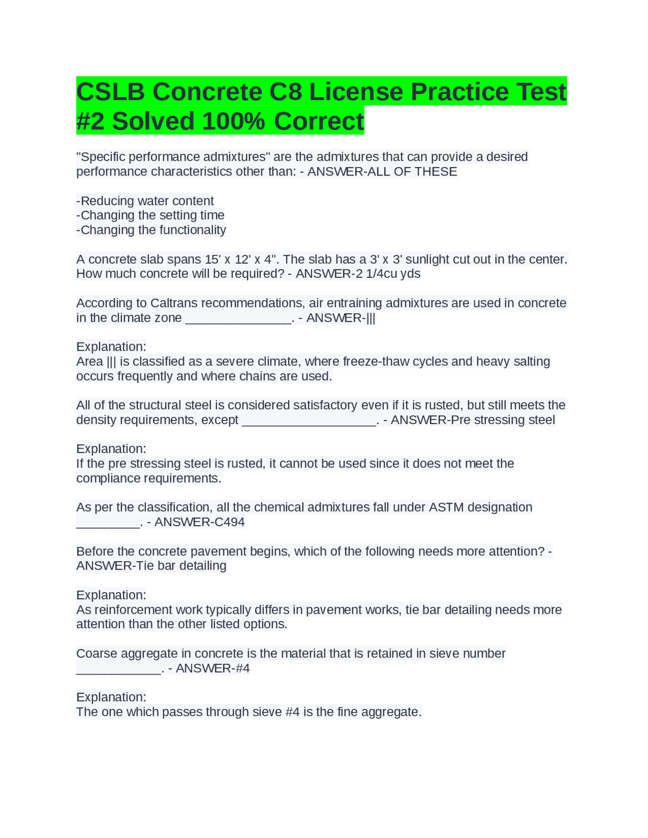 CSLB Concrete C8 License Practice Test | Exams Advanced Education | Docsity