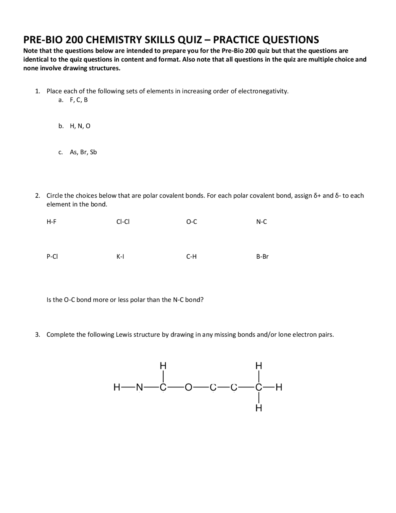 chemistry practice quiz | Exercises Chemistry | Docsity