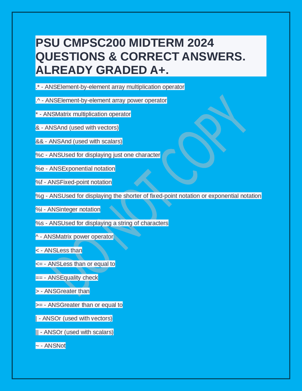 PSU CMPSC200 MIDTERM 2024 QUESTIONS & CORRECT ANSWERS. ALREADY GRADED ...