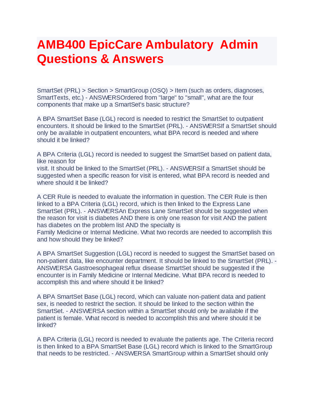AMB400 EpicCare Ambulatory Admin Questions & Answers | Exams Nursing ...