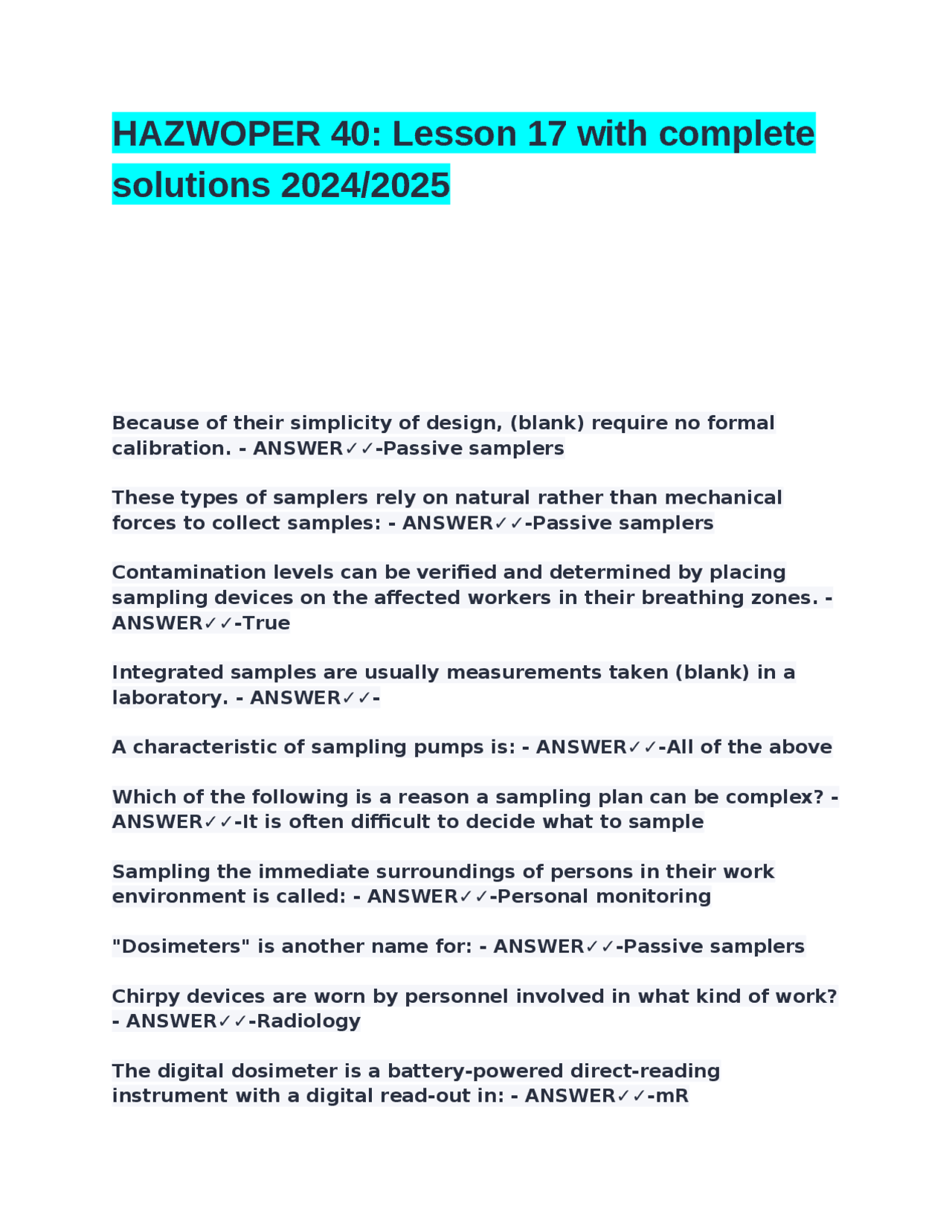 HAZWOPER 40: Lesson 17 with Complete Solutions | Exams Nursing | Docsity