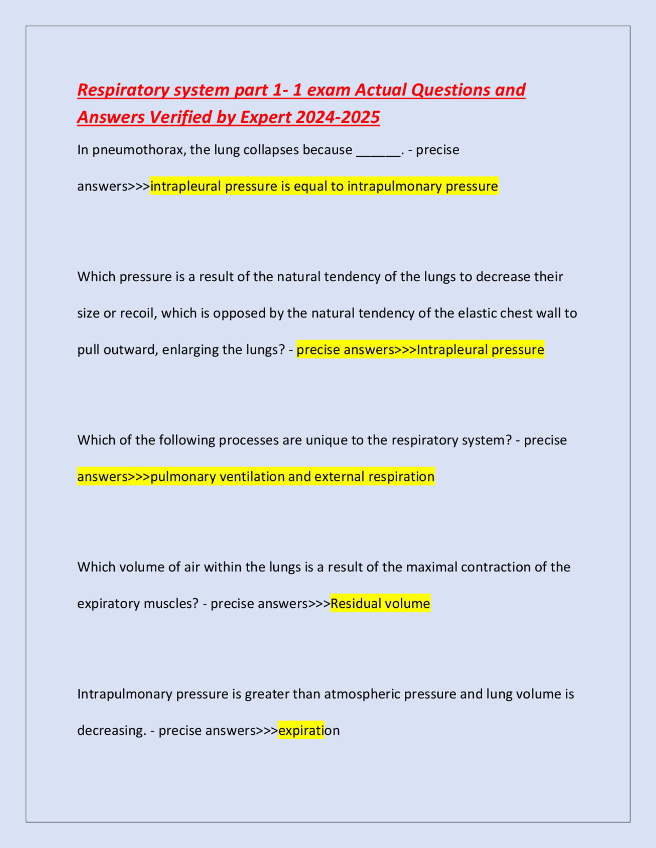 Respiratory system part 1- 1 exam Actual Questions and Answers Verified ...
