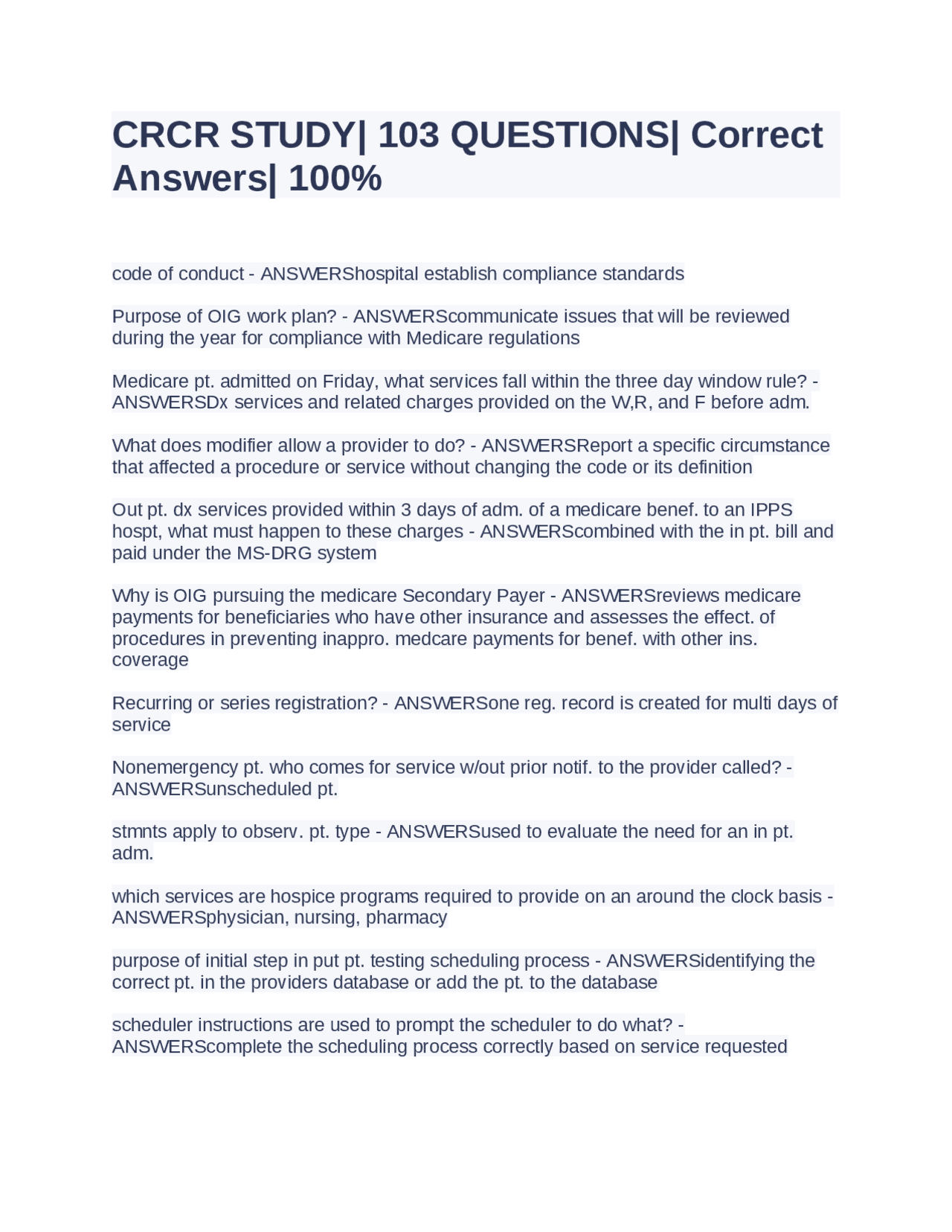 CRCR STUDY| 103 QUESTIONS| Correct Answers| 100% | Exams Nursing | Docsity