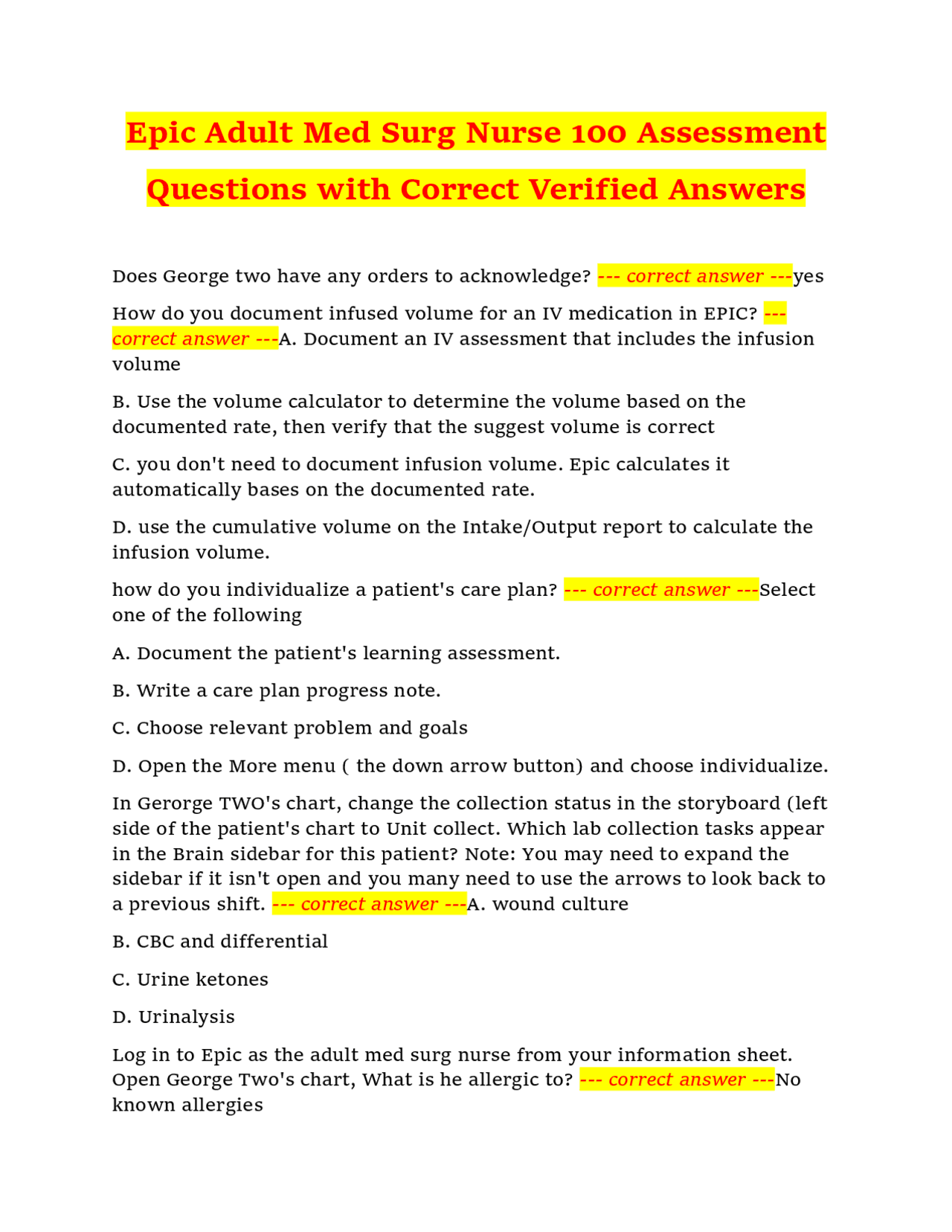 Epic Adult Med Surg Nurse 100 Assessment Questions with Correct ...