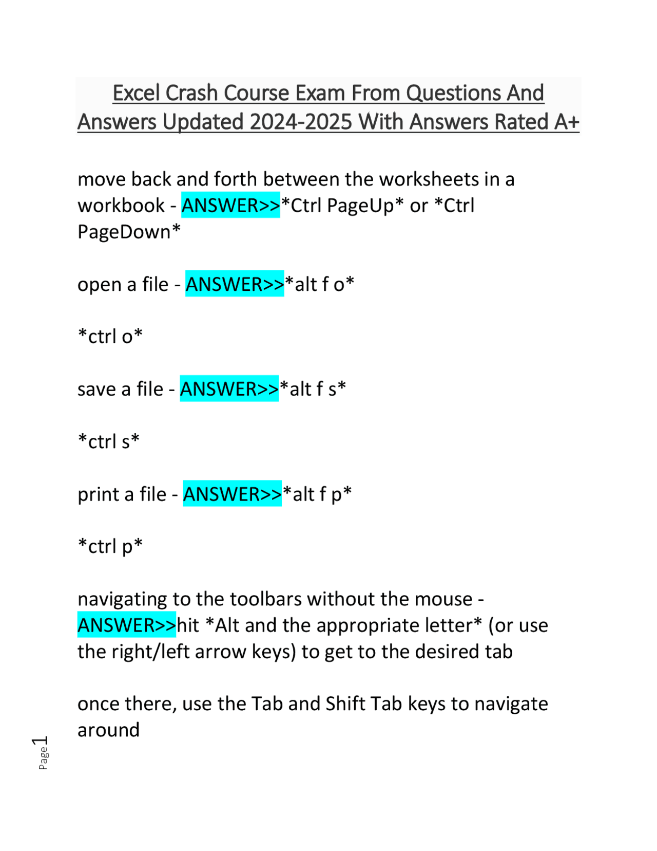 Excel Shortcuts and Functions | Exams Computer Science | Docsity