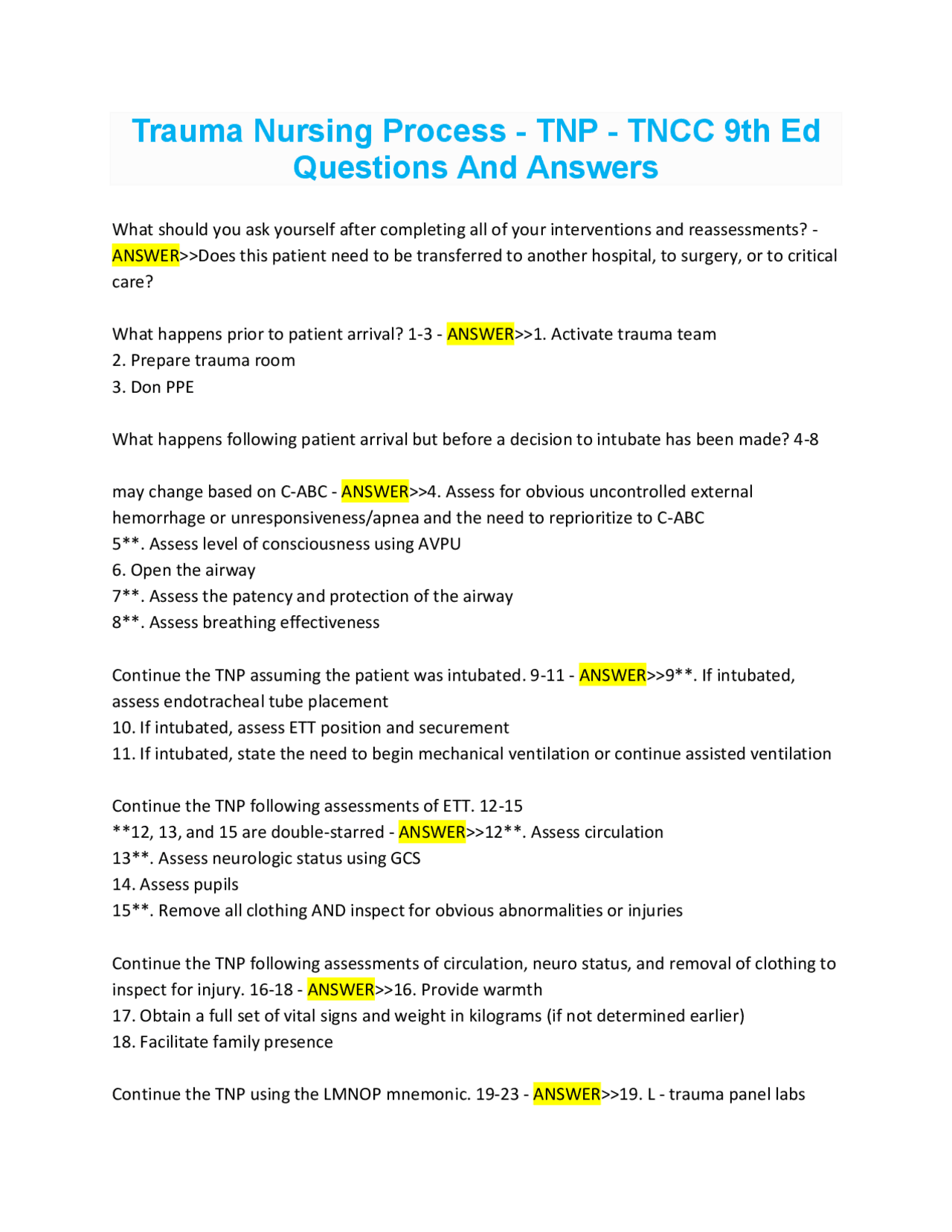 Trauma Nursing Process - TNP - TNCC 9th Ed Questions And Answers ...
