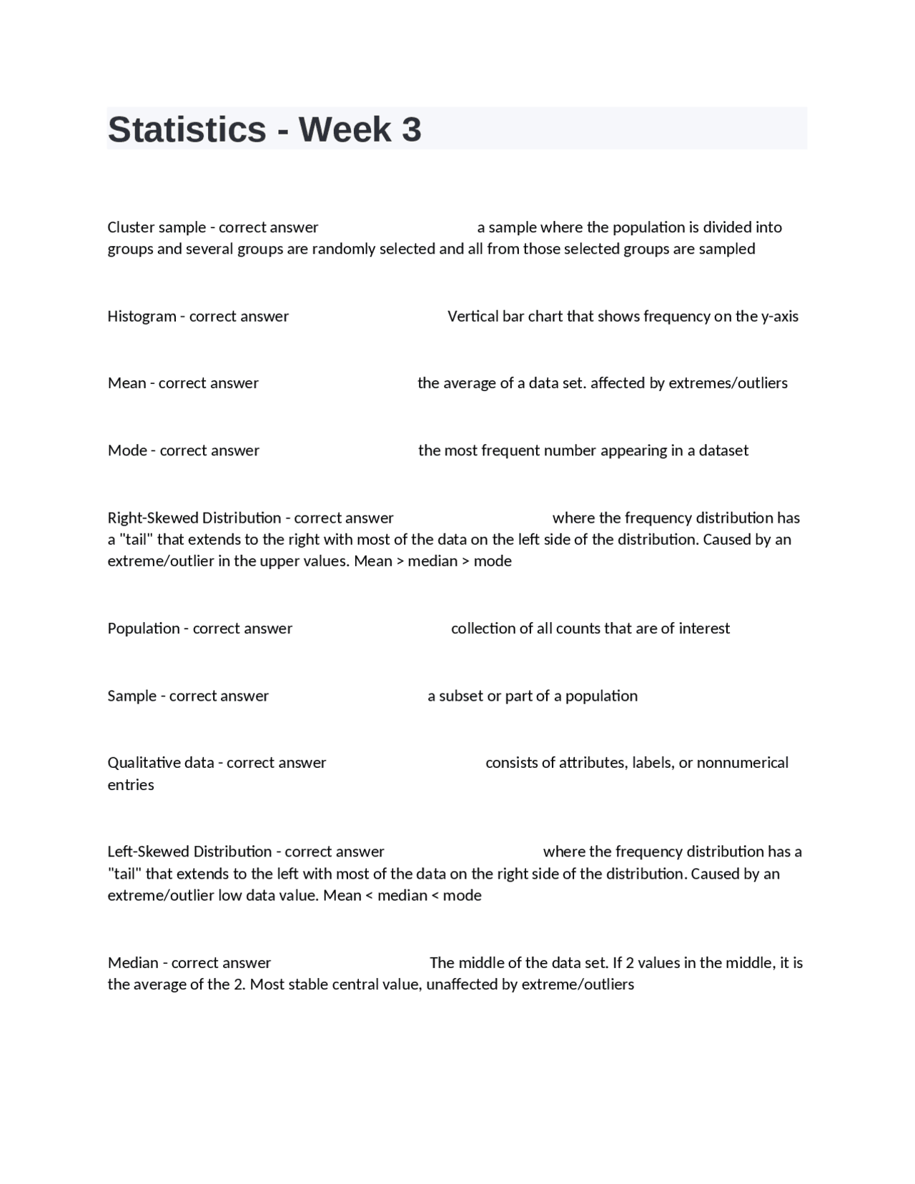 Statistics - Week 3 | Exams Nursing | Docsity