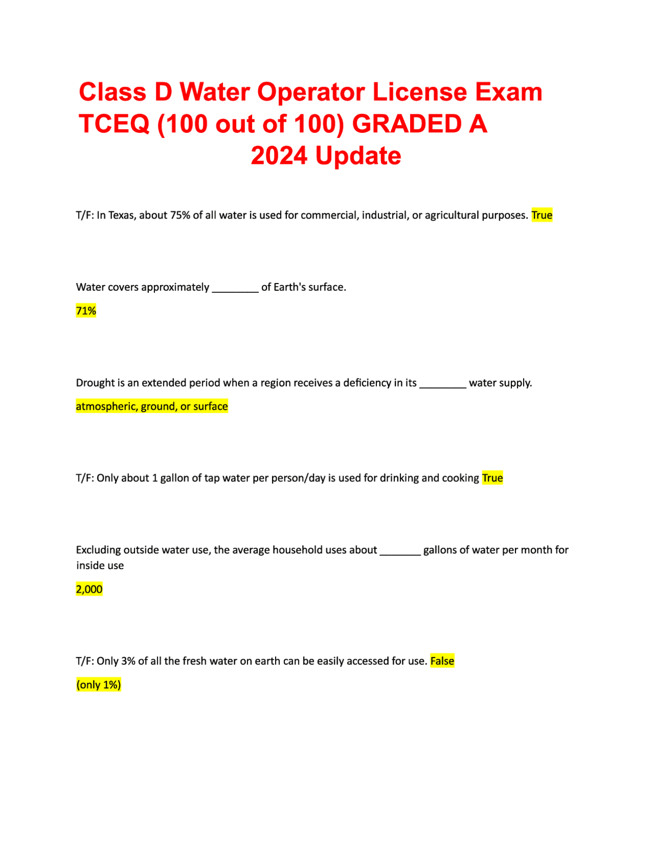 Class D Water Operator License Exam TCEQ GRADED A first section | Exams ...