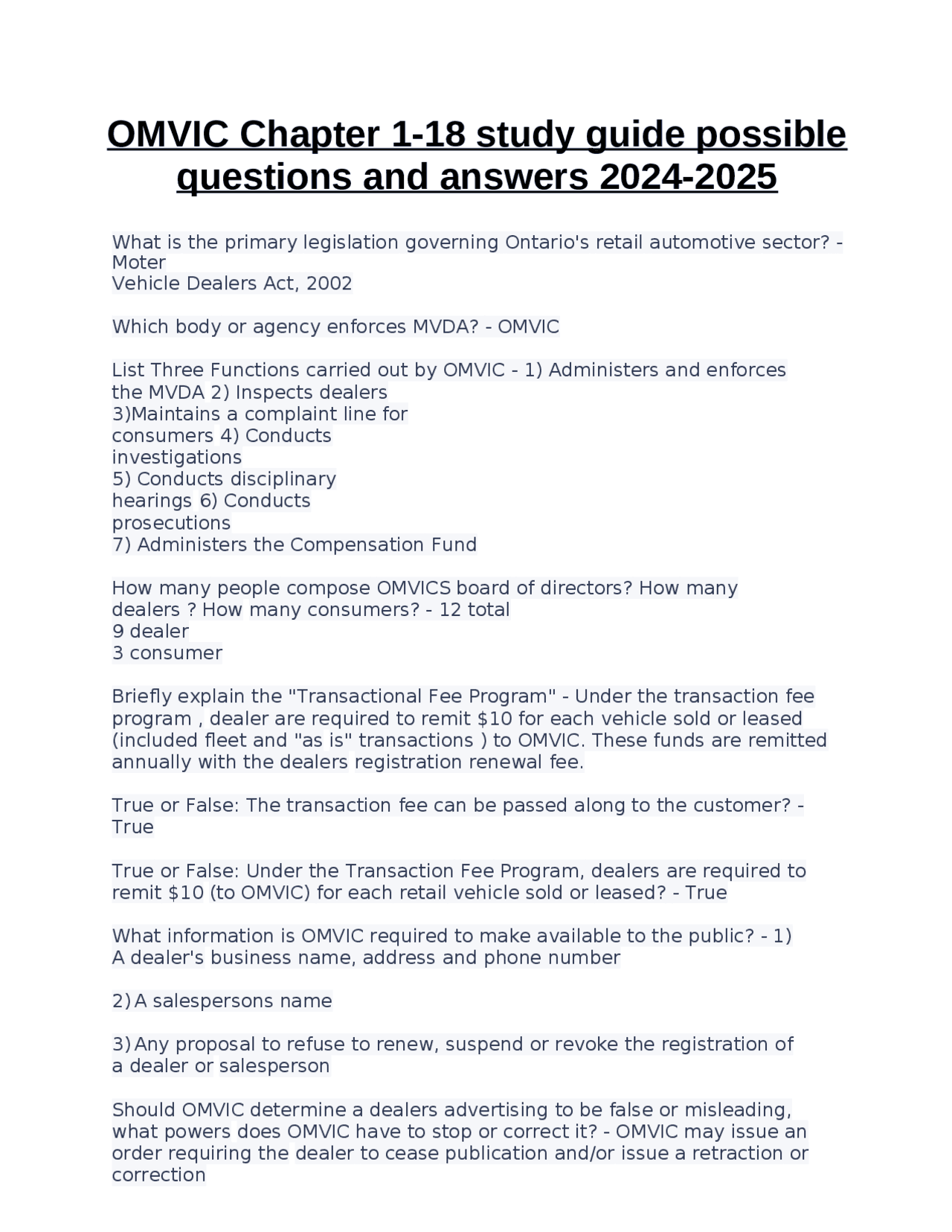 OMVIC Chapter 1-18 study guide possible questions and answers 2024-2025 ...