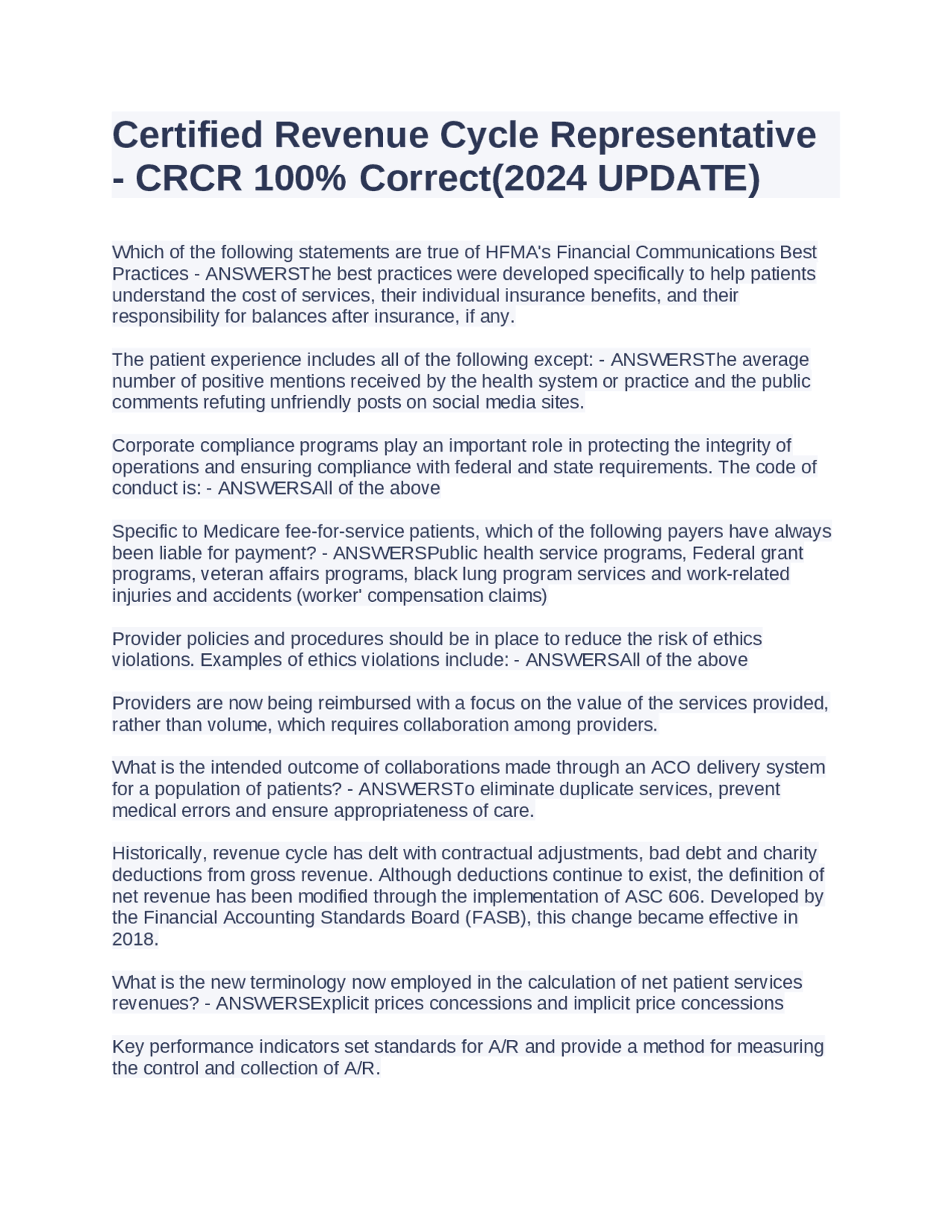 Certified Revenue Cycle Representative - CRCR 100% Correct(2024 UPDATE) | Exams Nursing | Docsity