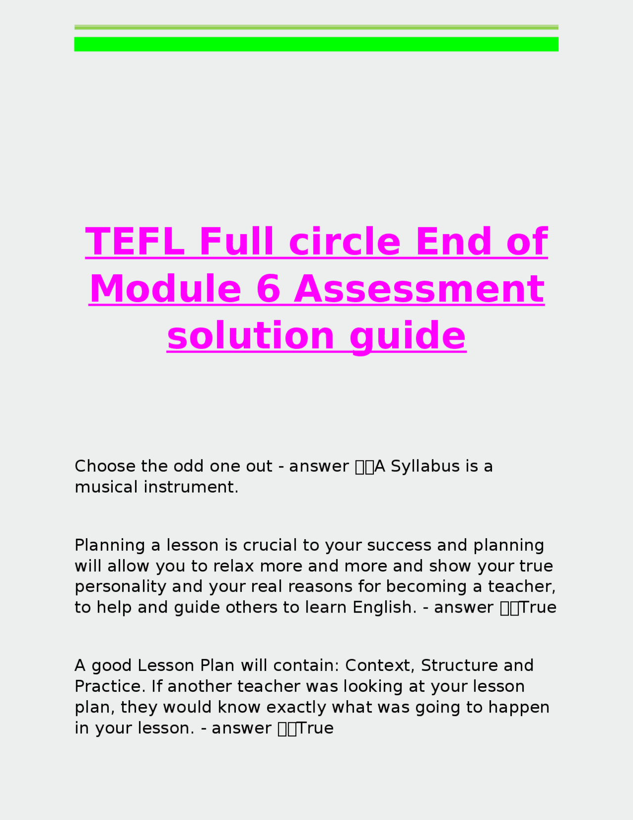 TEFL Full Circle End of Module 6 Assessment Solution Guide | Exams ...