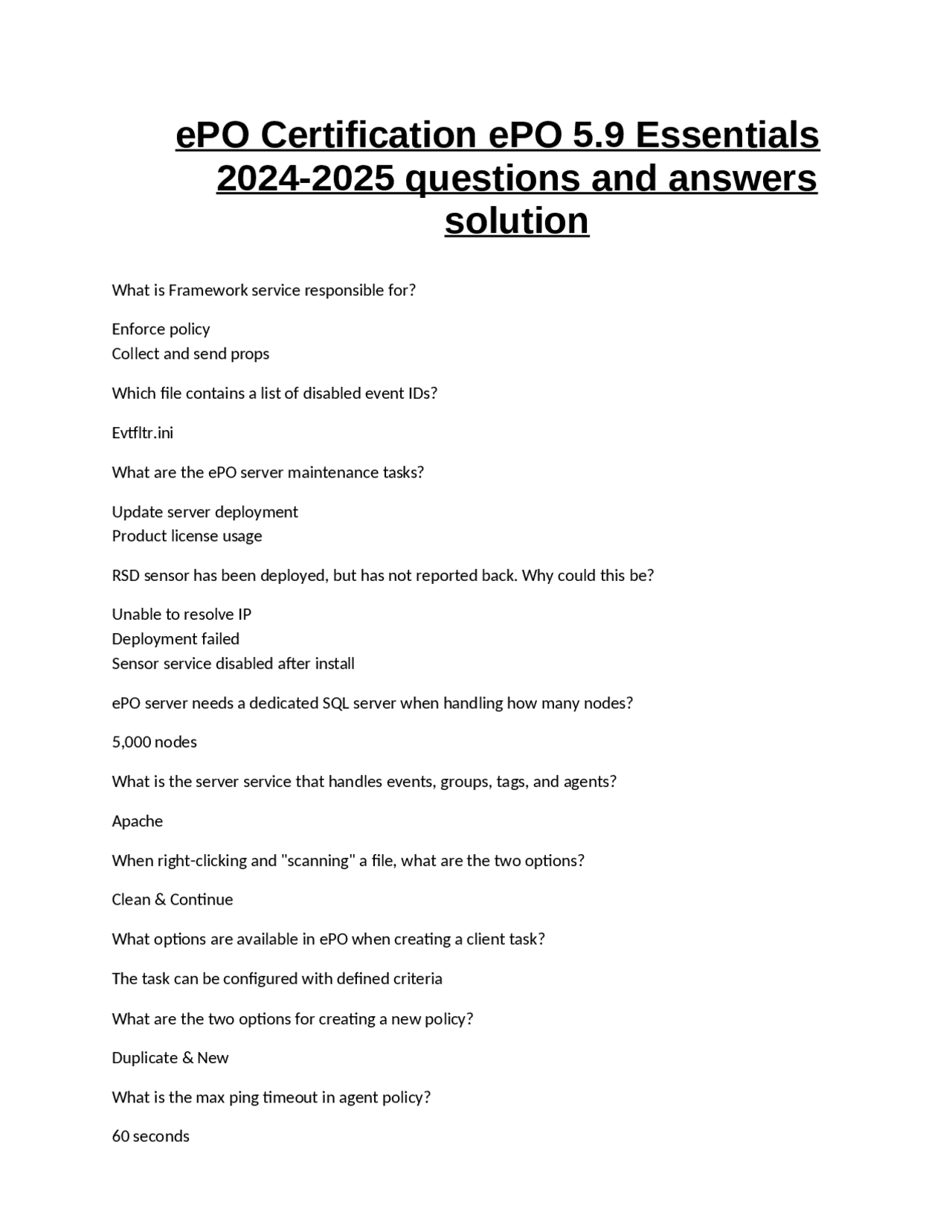 ePO Certification ePO 5.9 Essentials | Exams Advanced Education | Docsity