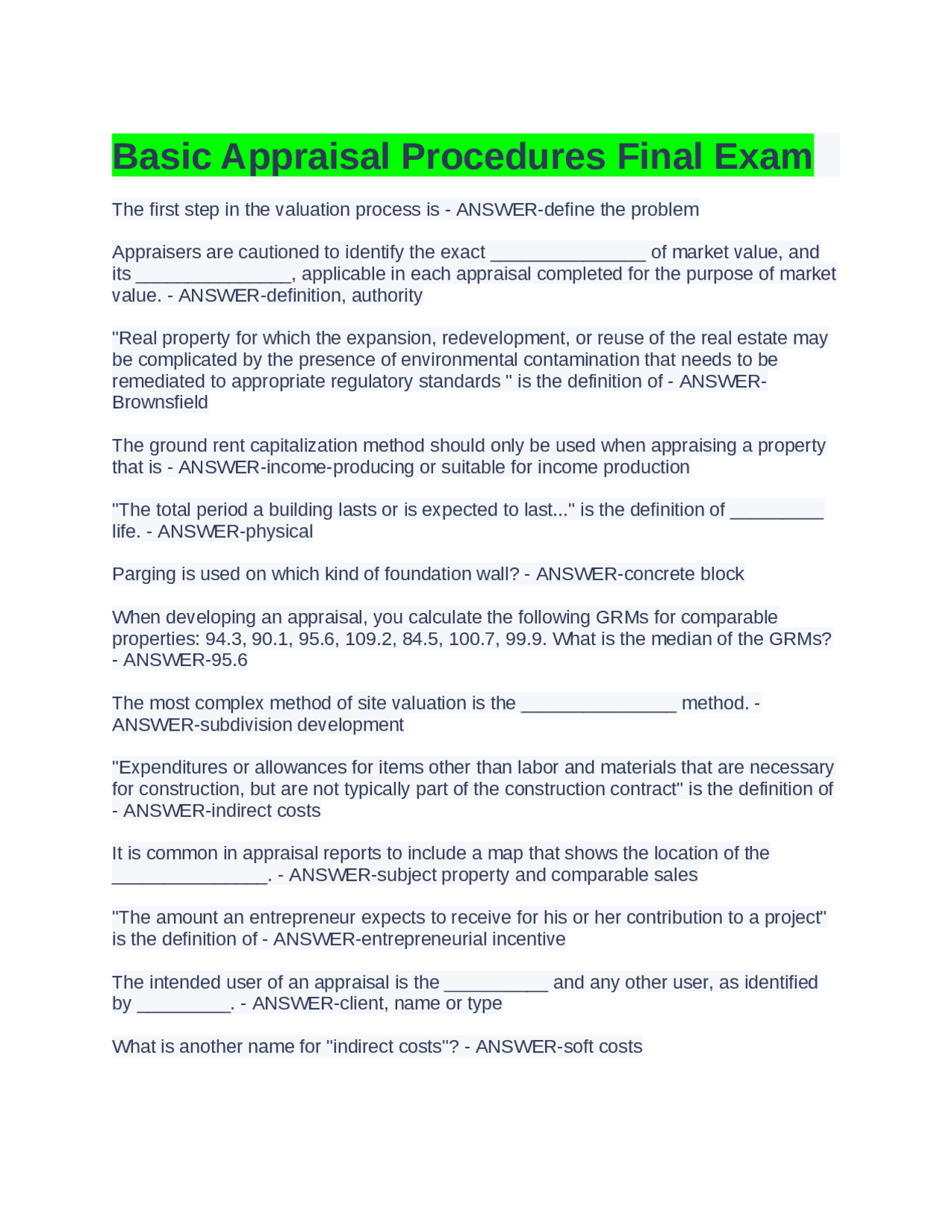 Basic Appraisal Procedures Final Exam | Exams Advanced Education | Docsity