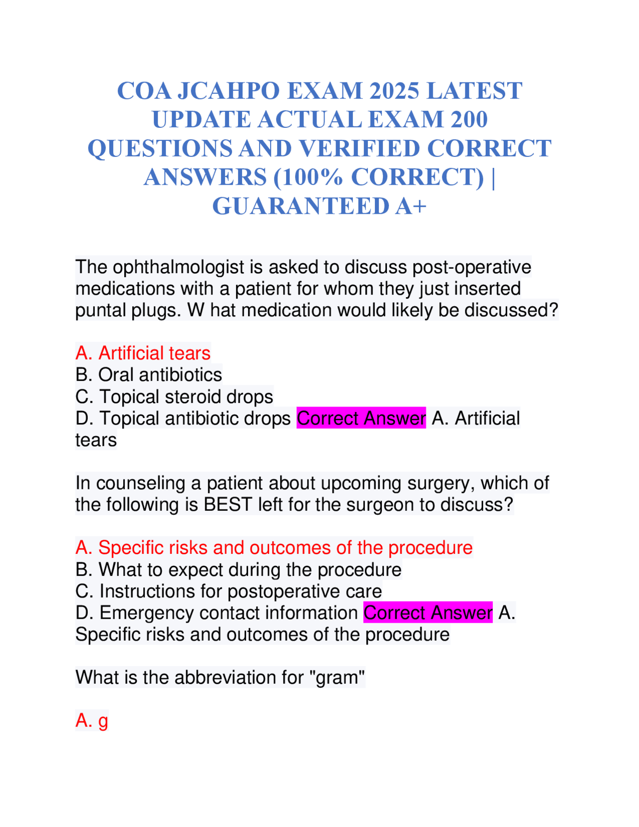 Ophthalmic Exam Questions and Answers | Exams Nursing | Docsity