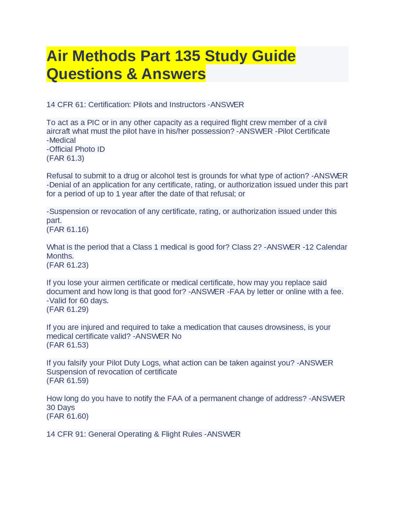 Air Methods Part 135 Study Guide Questions & Answers | Exams Health ...