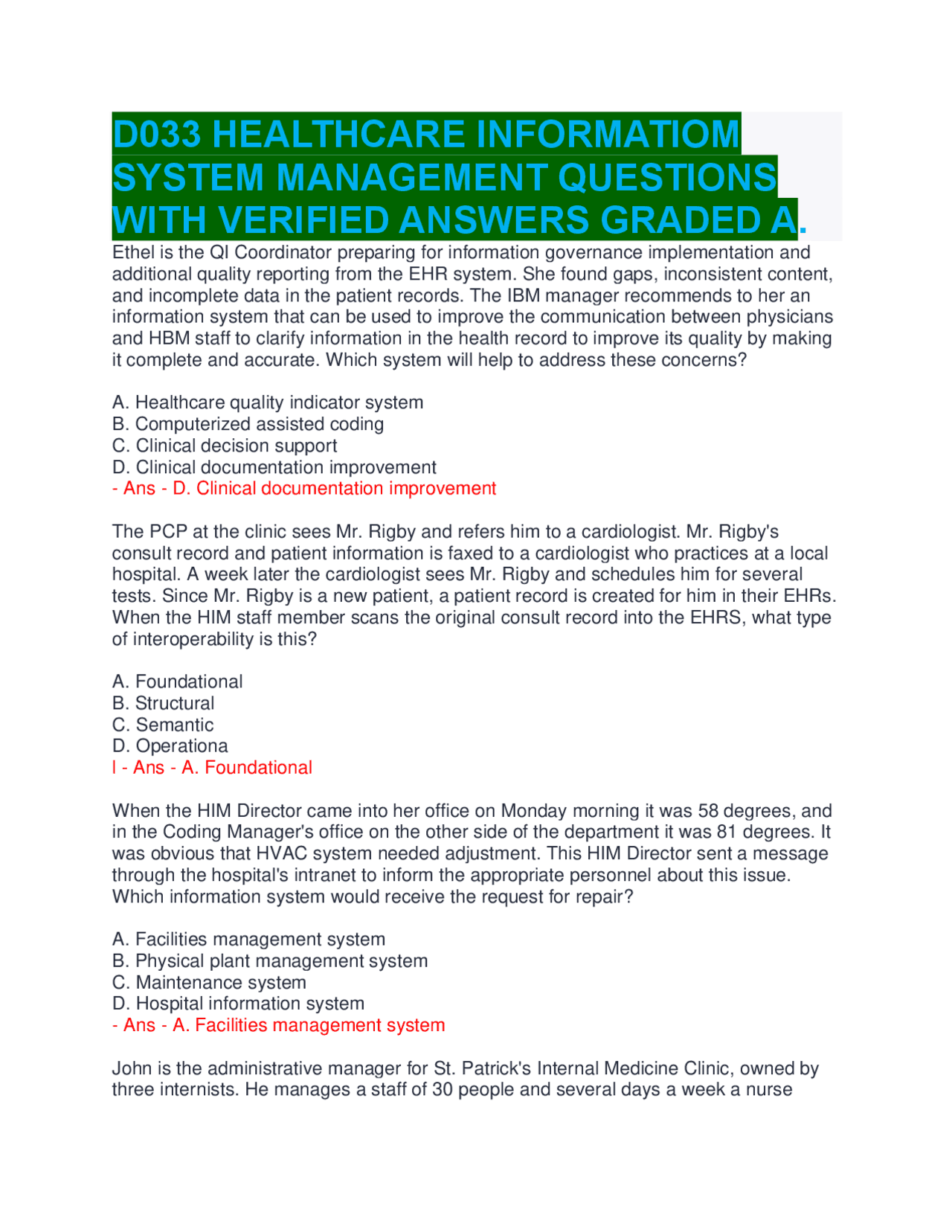 D033 Healthcare Information System Management: Questions with Verified ...