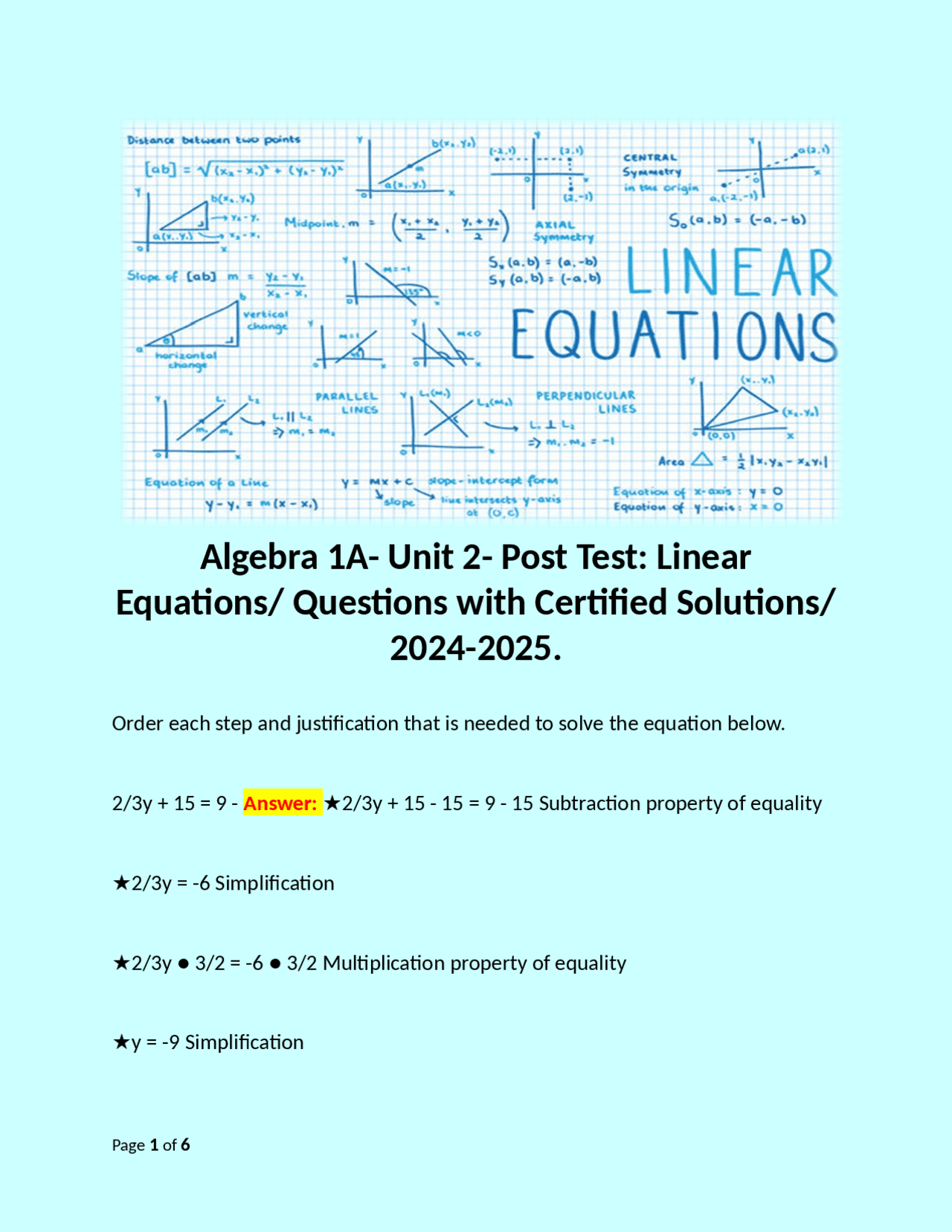 Algebra 1A Unit 2 Post Test: Linear Equations with Certified Solutions ...