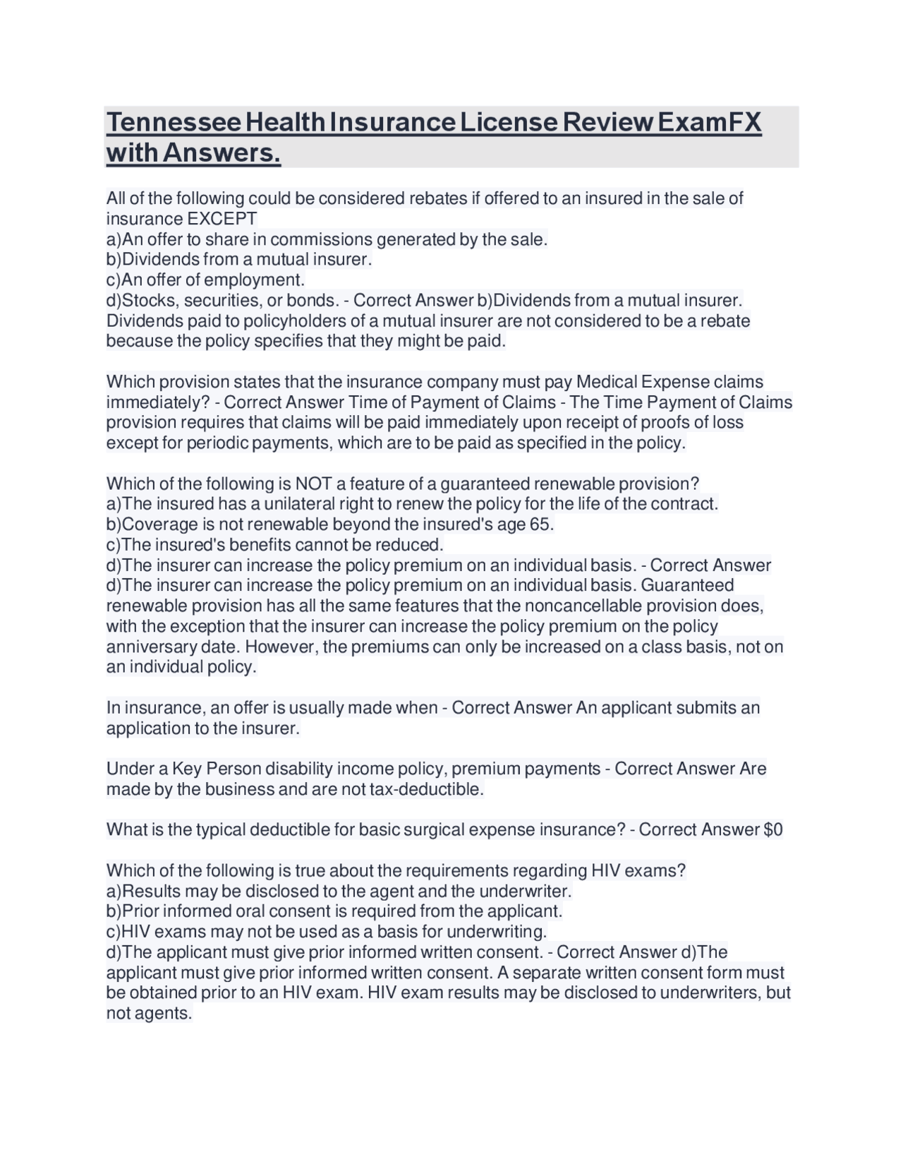 Tennessee Health Insurance License Review ExamFX with Answers. | Exams ...