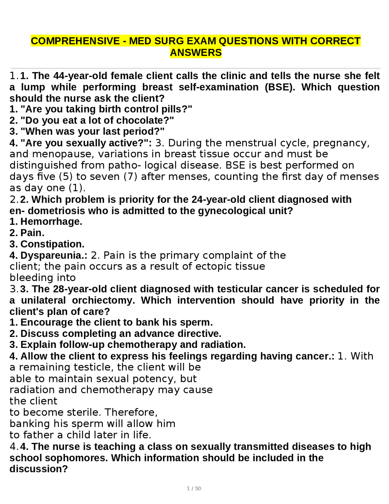 COMPREHENSIVE - MED SURG EXAM QUESTIONS WITH CORRECT ANSWERS | Exams ...