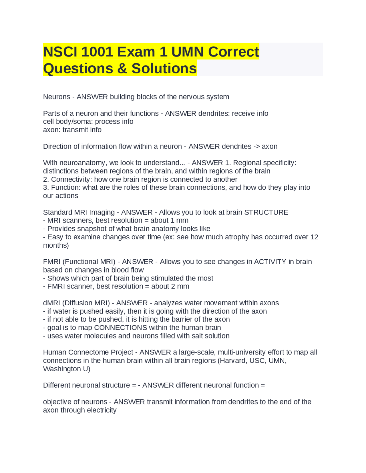 NSCI 1001 Exam 1 UMN Correct Questions & Solutions | Exams Nursing ...