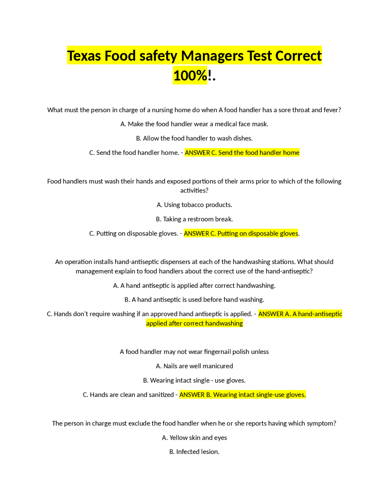 Texas Food safety Managers Test Correct 100%!. | Exams Nursing | Docsity