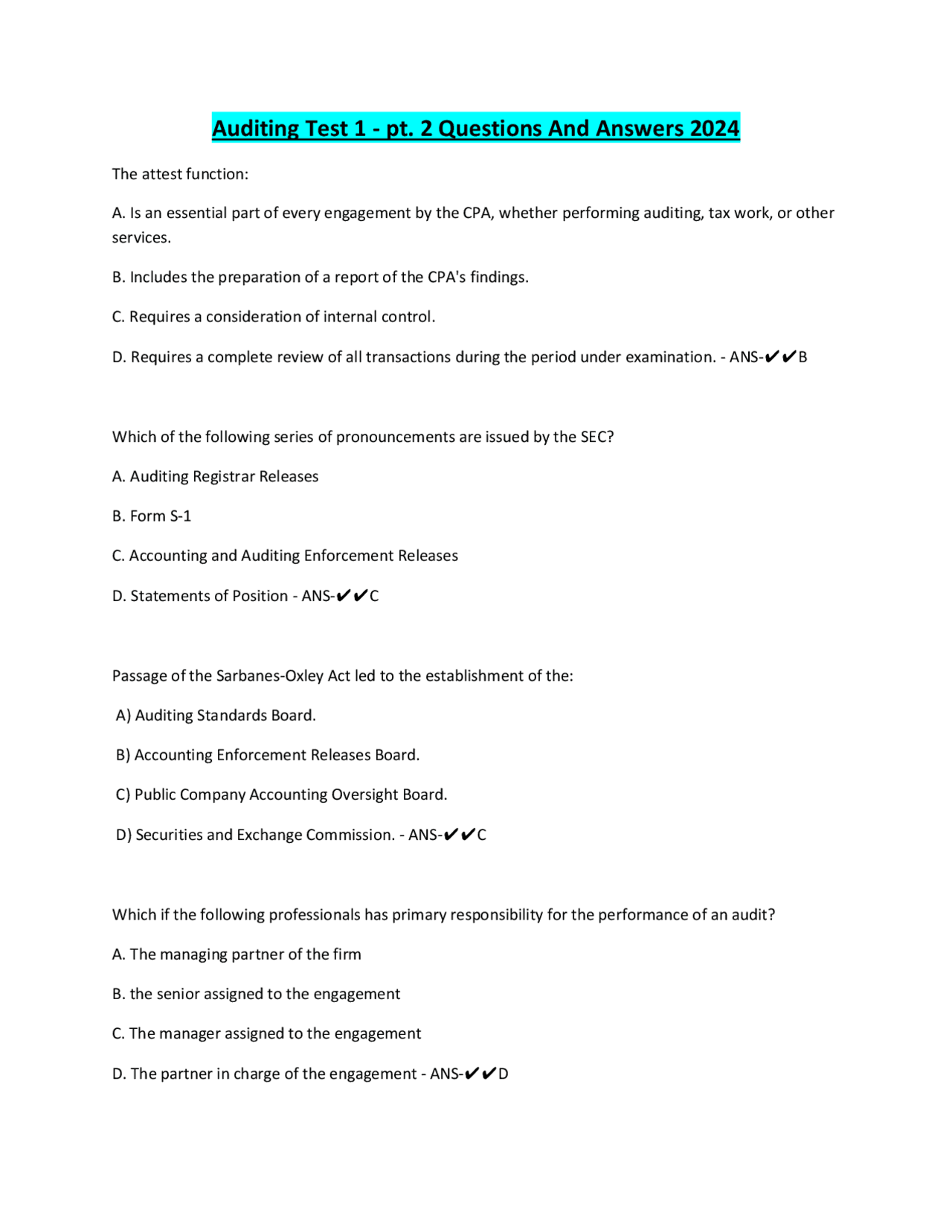 Auditing Test 1 - pt. 2 Questions And Answers 2024 | Exams Auditing ...