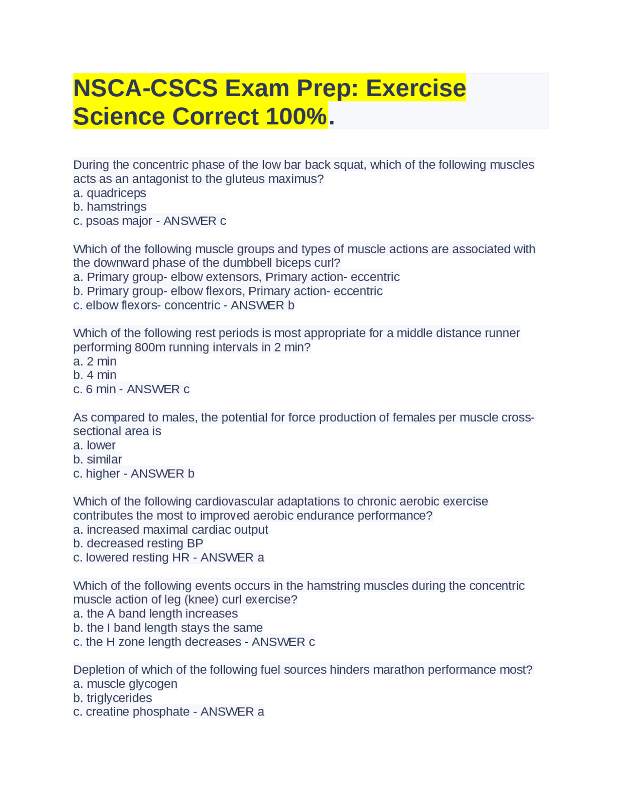 NSCA-CSCS Exam Prep: Exercise Science | Exams Nursing | Docsity