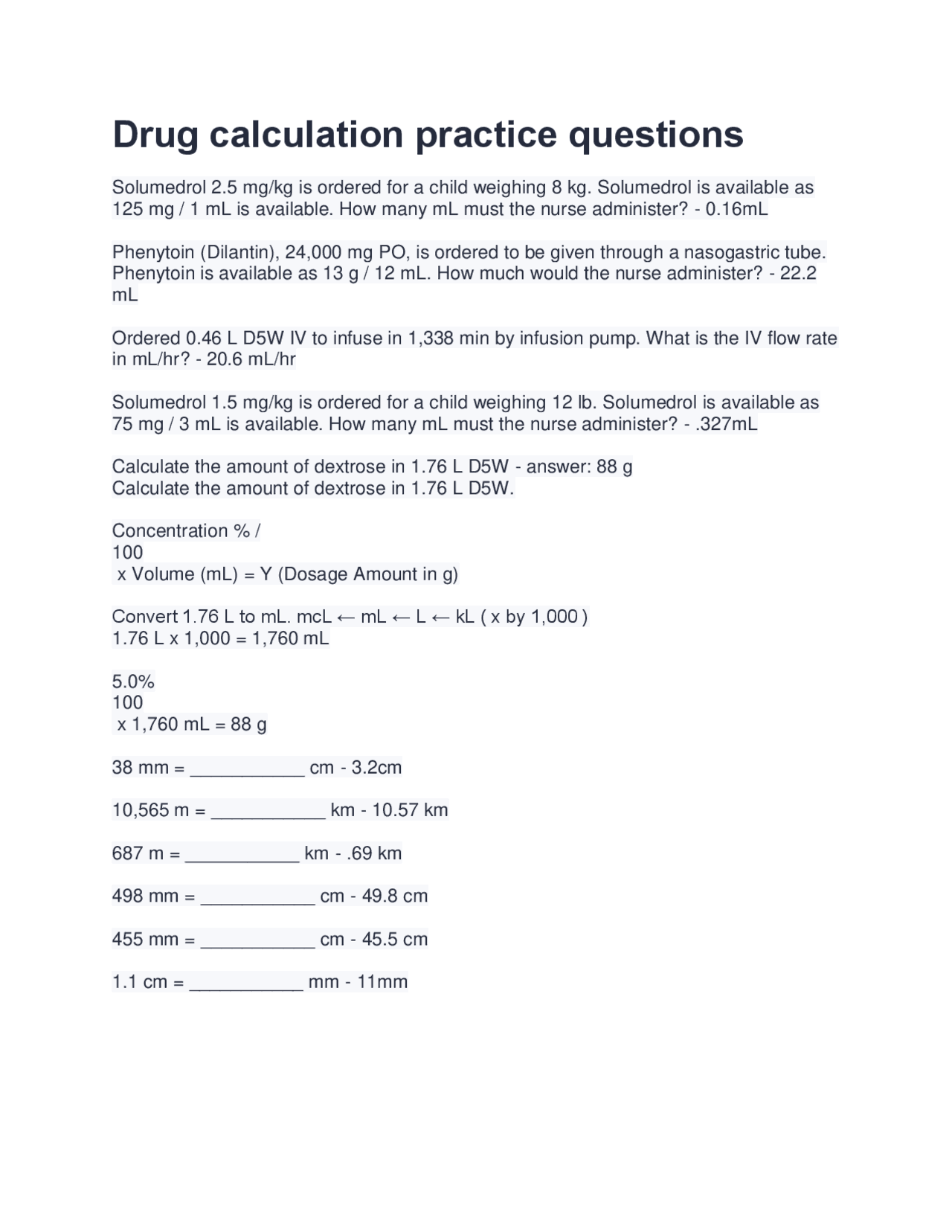 Drug Calculation Practice Questions Exams Nursing Docsity